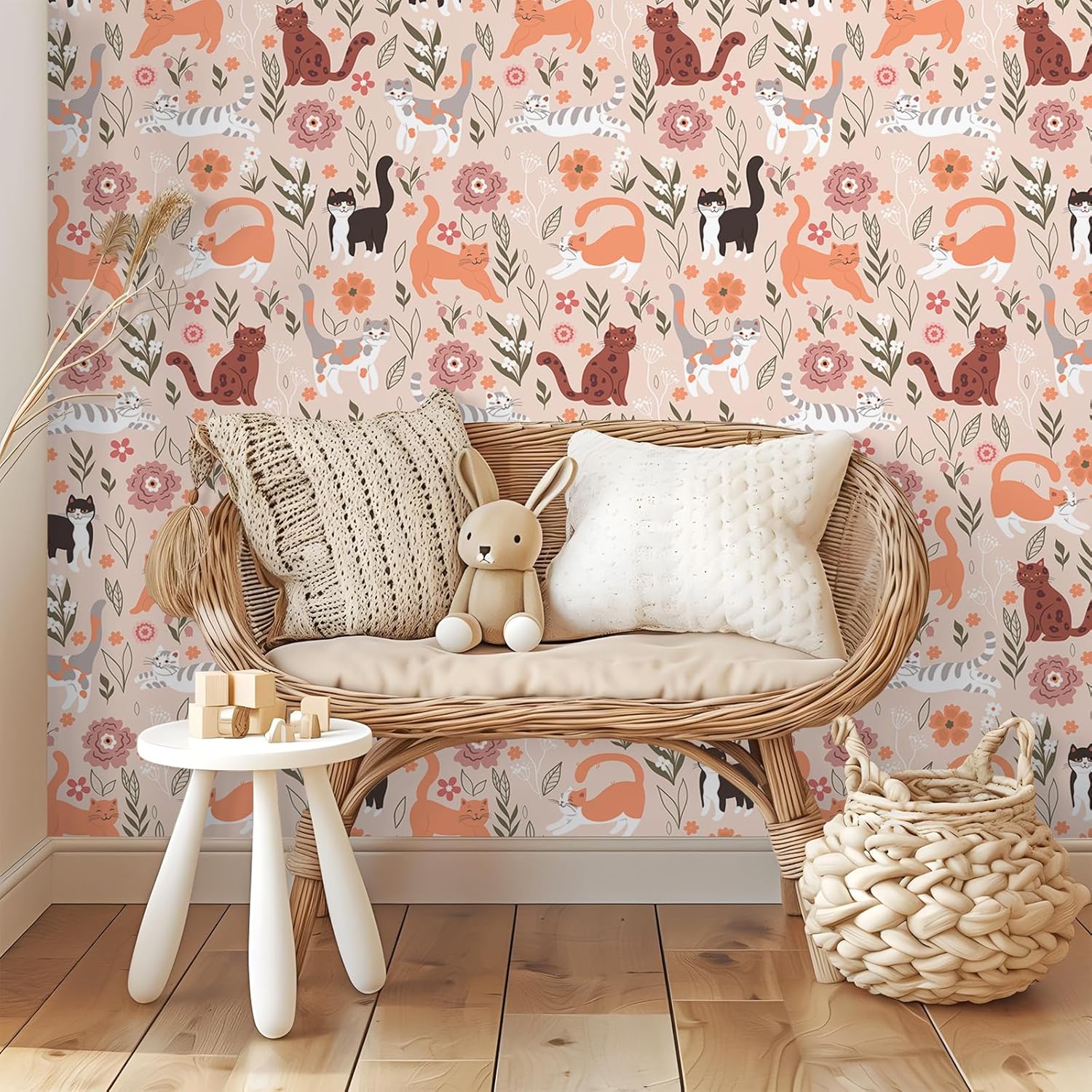Luupatchy 17.7x118 Inch Pink Cat Floral Peel and Stick Wallpaper Cute ...