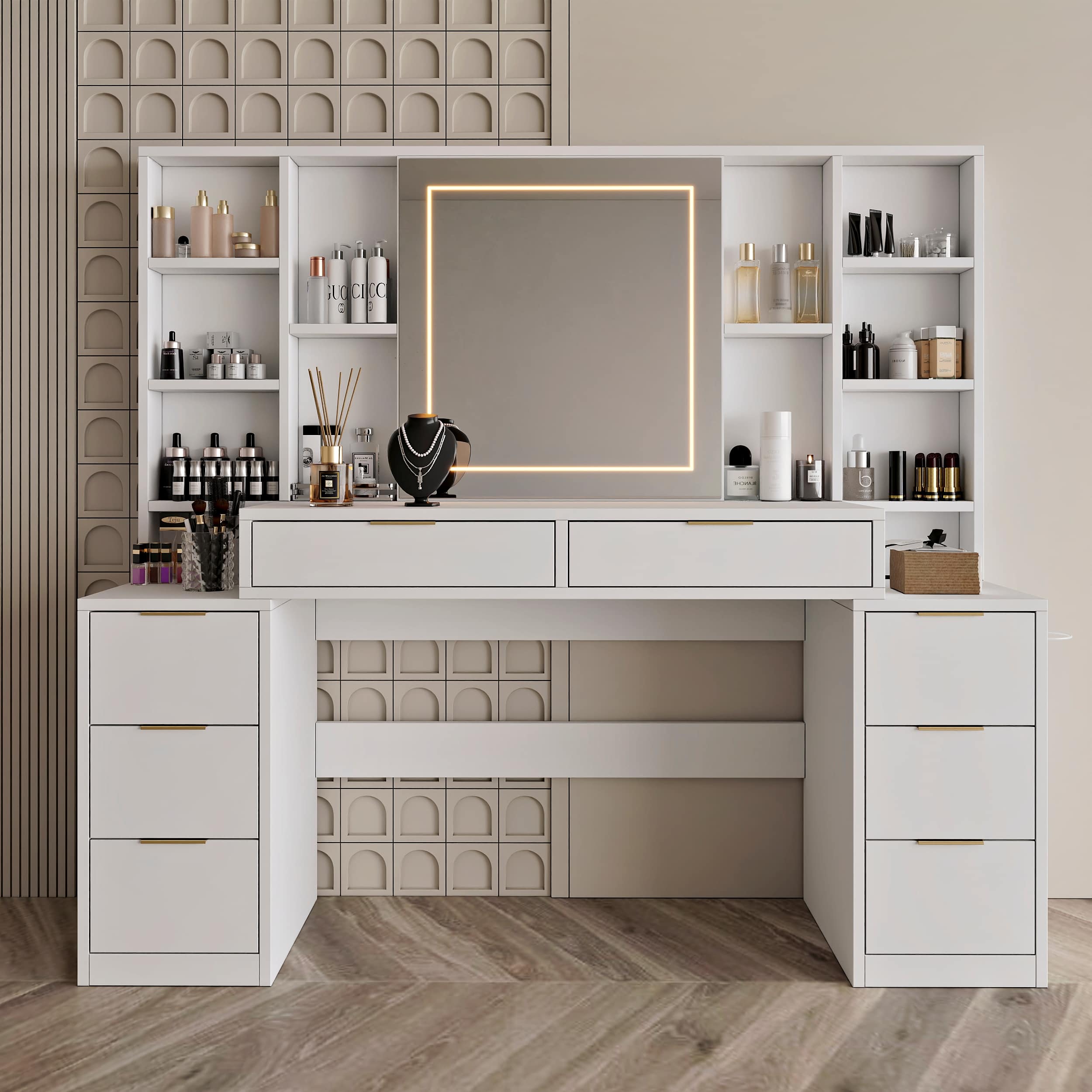 Vynxaria 1-Piece White Makeup Vanity Desk with Mirror 8 Drawers Open ...