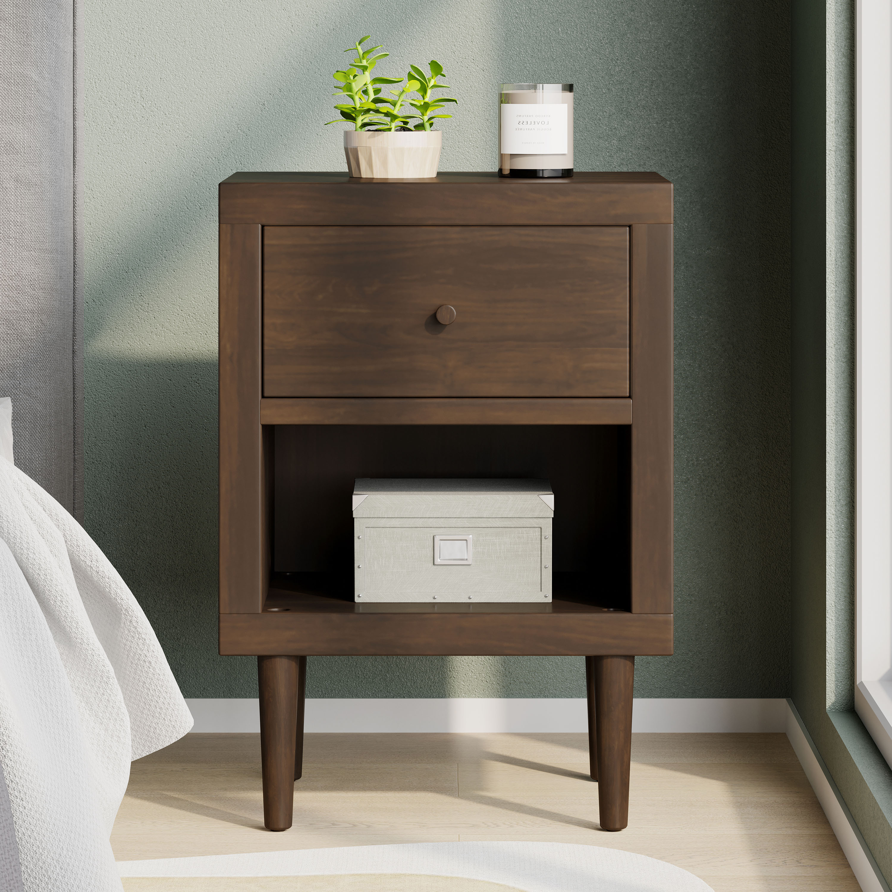 LOVMOR Mid Century Walnut Faux Wood Single Drawer Nightstand Faux Wood ...