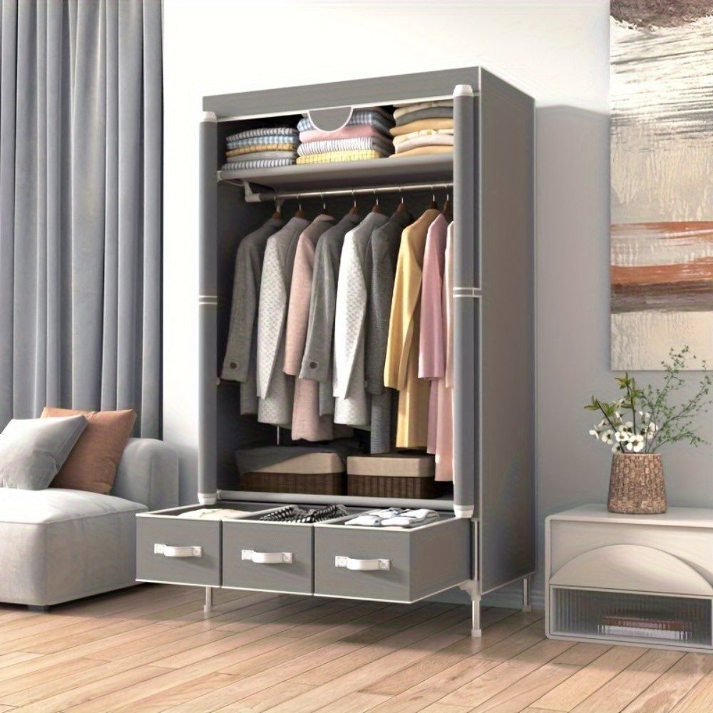 Huluwat Portable Clothes Closet Rolling Door Wardrobe with Hanging Rack ...