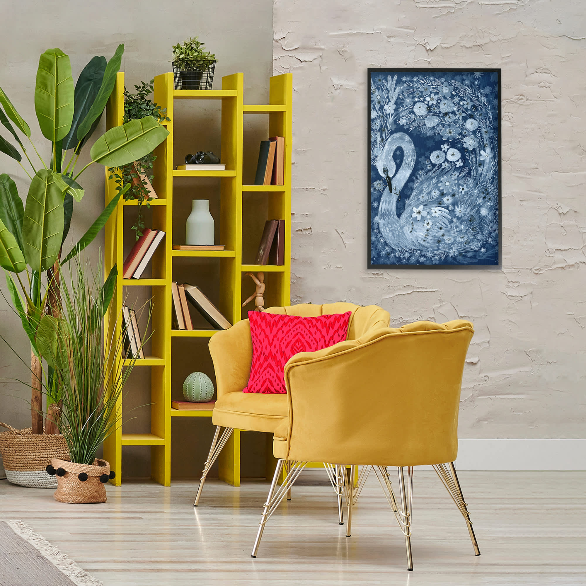 Stupell Industries Swirling Florals Swan Black Framed Giclee Art By Kay ...