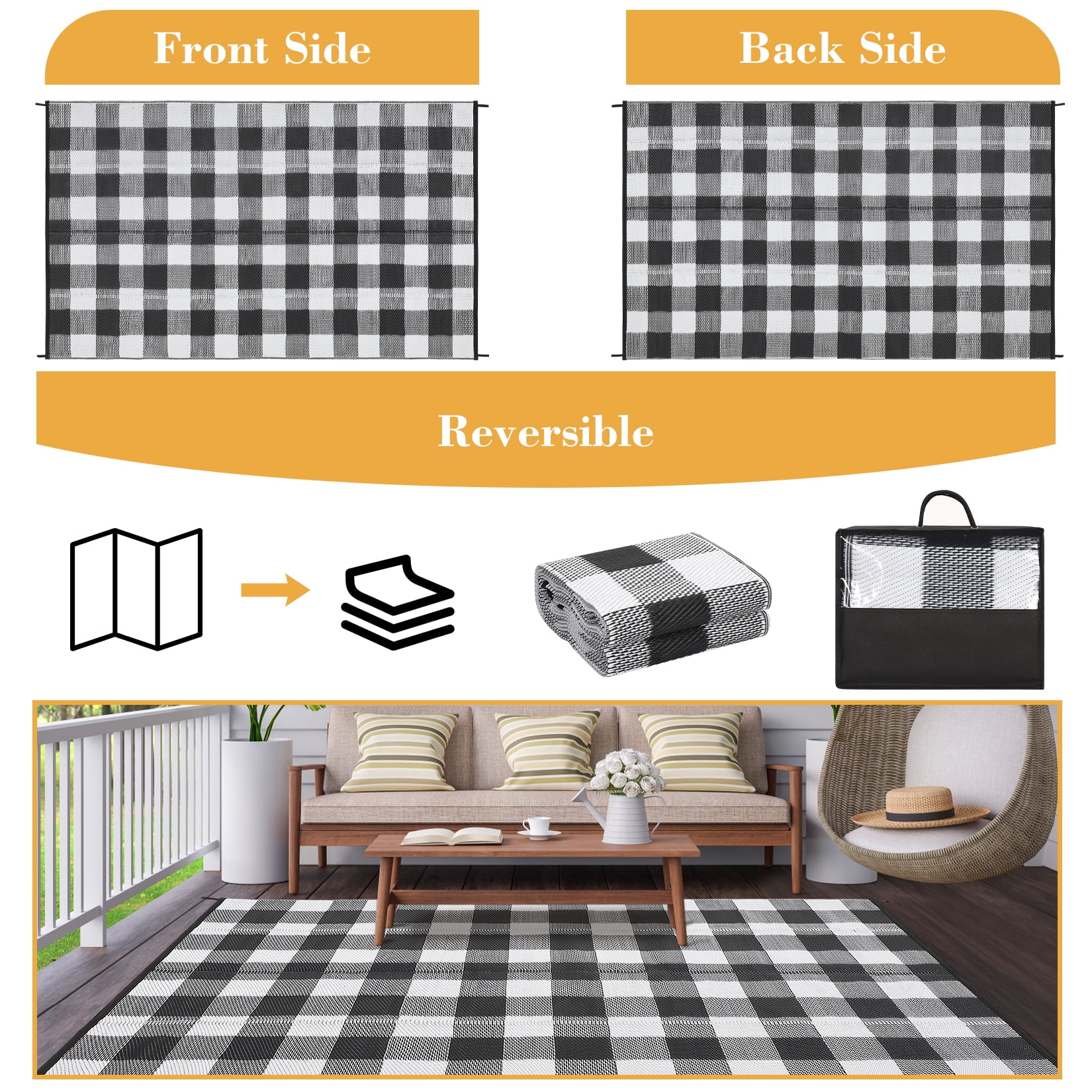 GAOMON 8x10 Waterproof Reversible Plaid Outdoor Rug- Portable Geometric ...