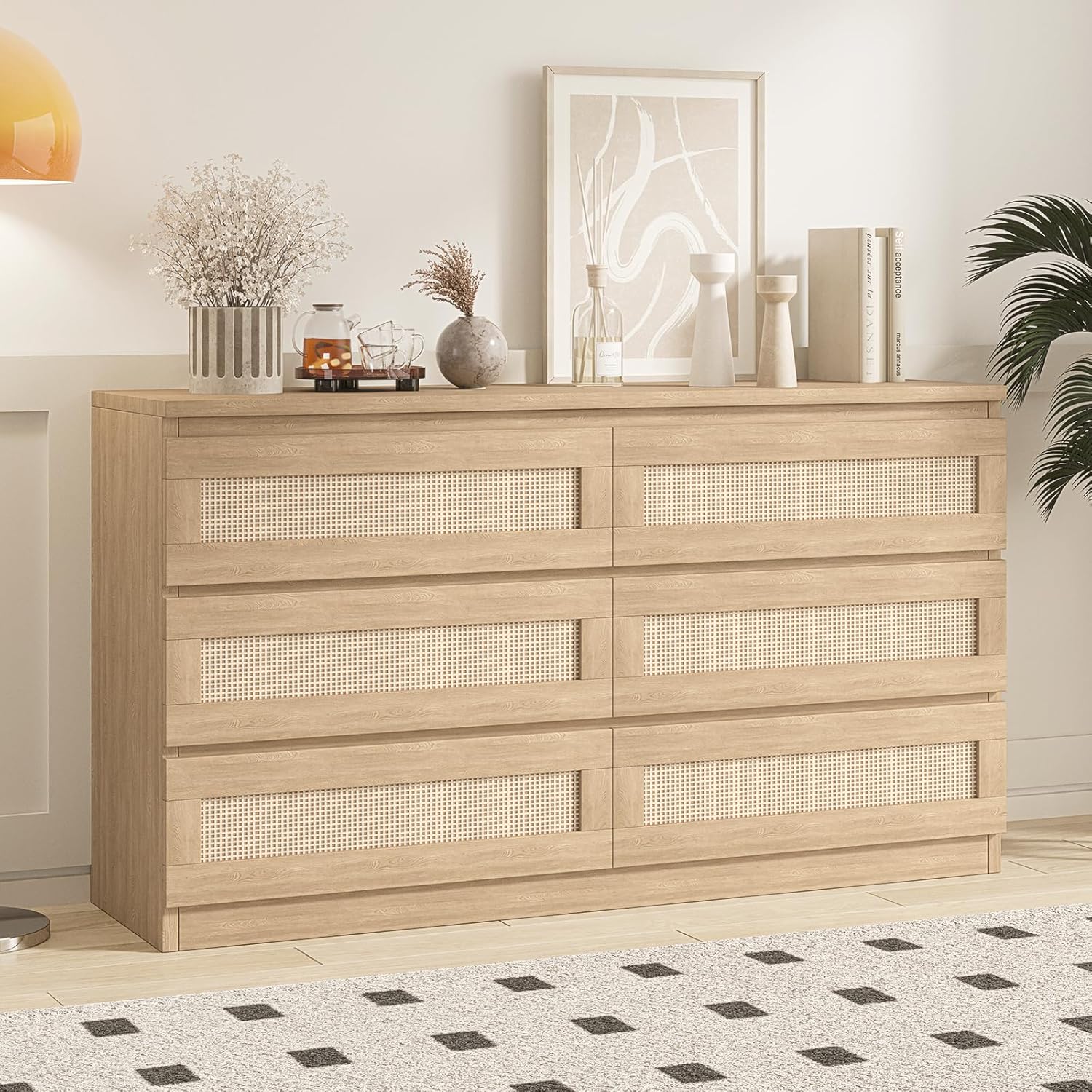 Garvee 6 Drawer Double Dresser for Bedroom Rattan Dresser with Smooth ...