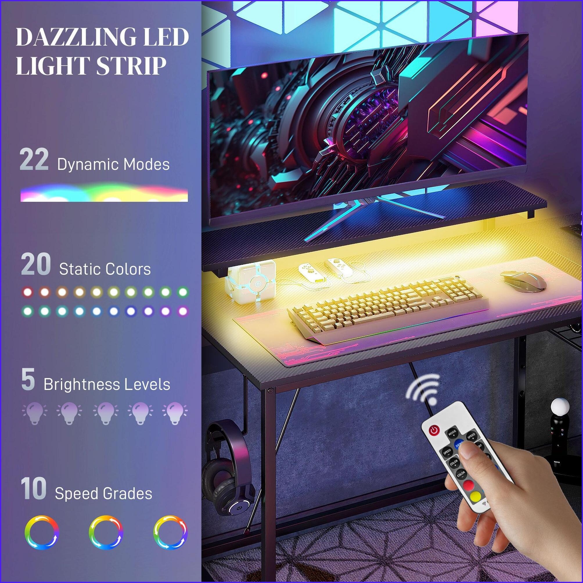 SunJet Desks 42in L Shaped Desk LED Lights Power Outlet USB Ports ...