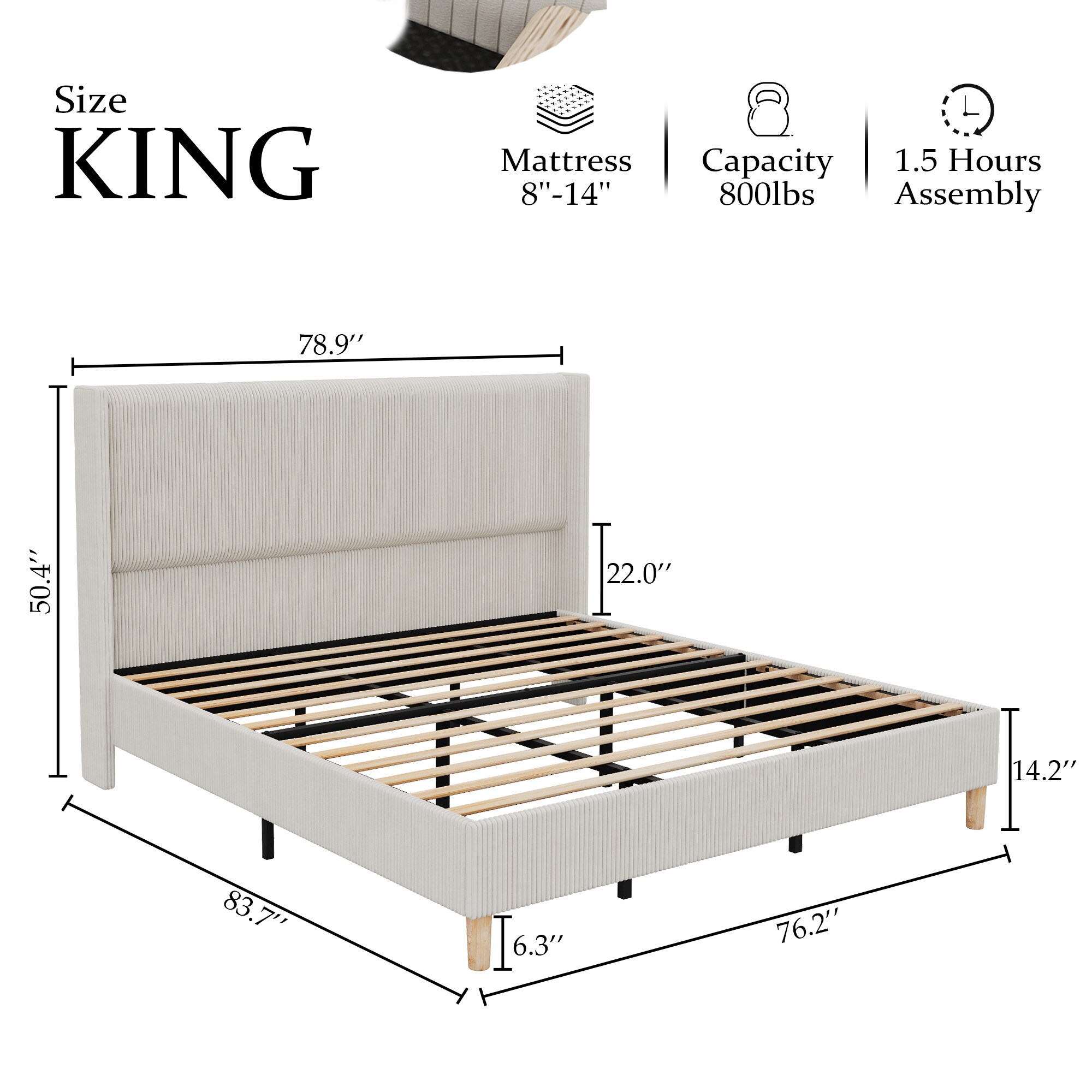 Garvee King Upholstered Corduroy Platform Bed Frame with Vertical ...