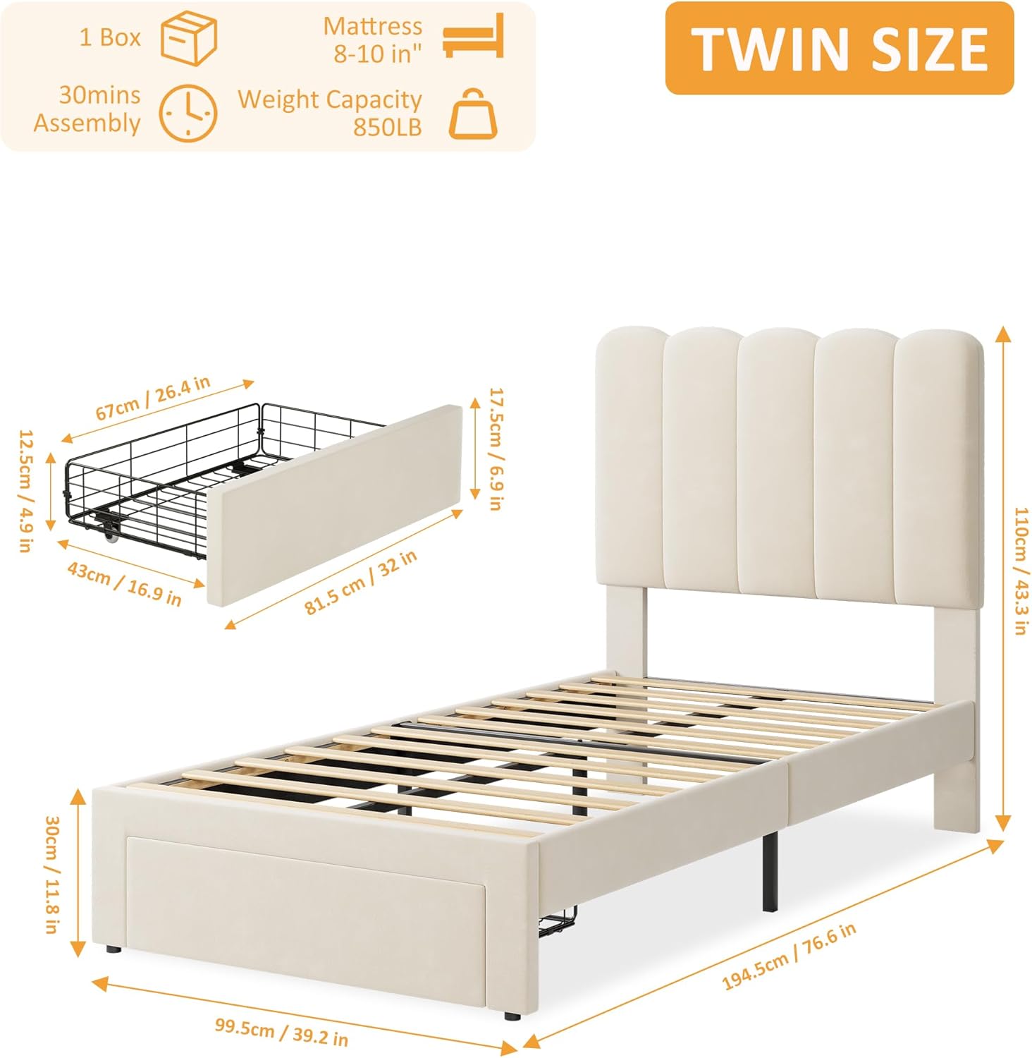 Garvee 2 Sets Twin Bed Frame with Under-Bed Drawer Upholstered Platform ...