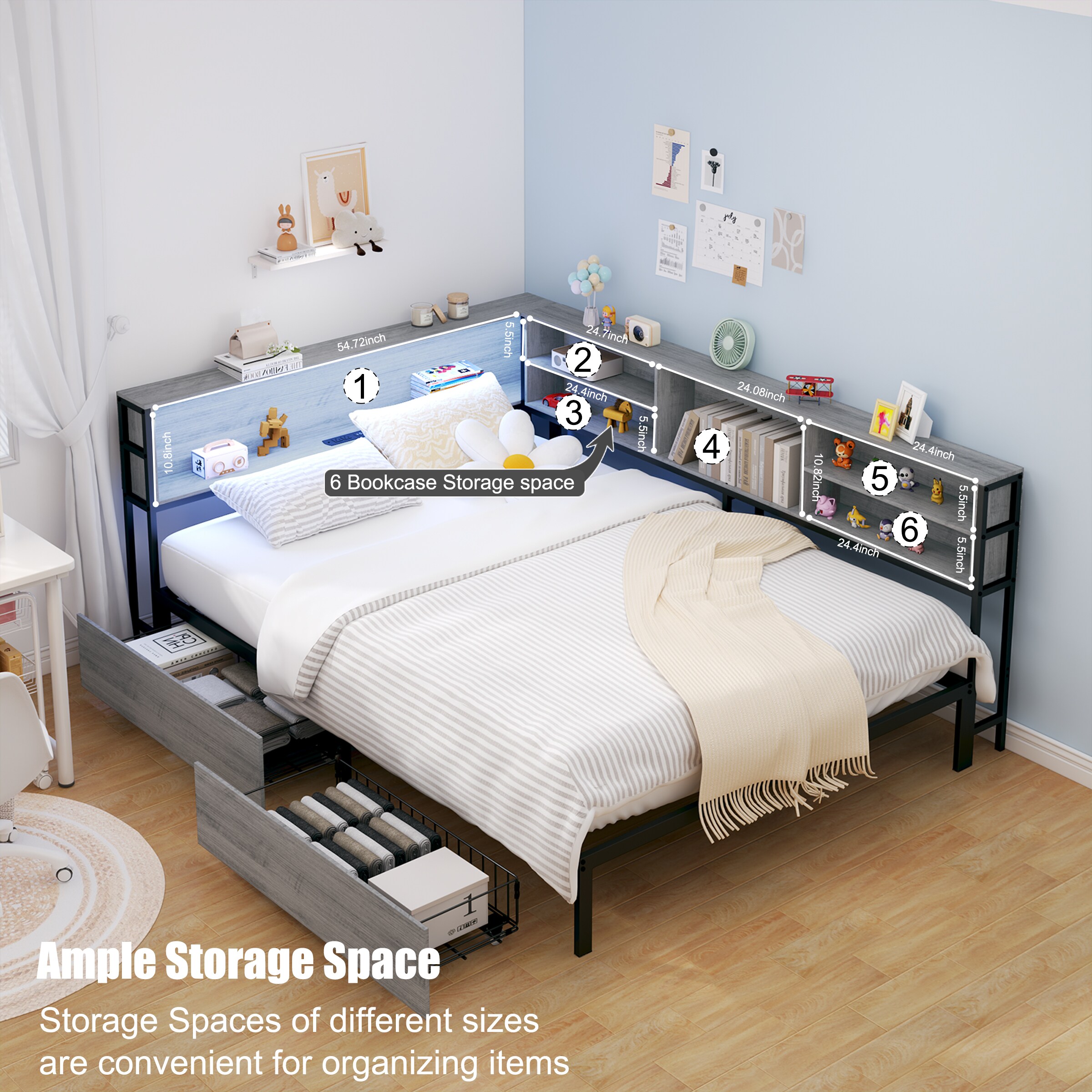Loebelle Gray Corner Bed Frame Full with Storage Drawers and Bookcase ...