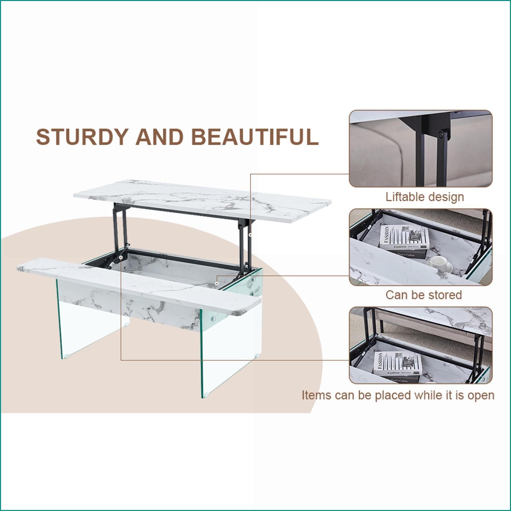 Watnature Modern White Marble Lift Top Coffee Table with Tempered Glass ...