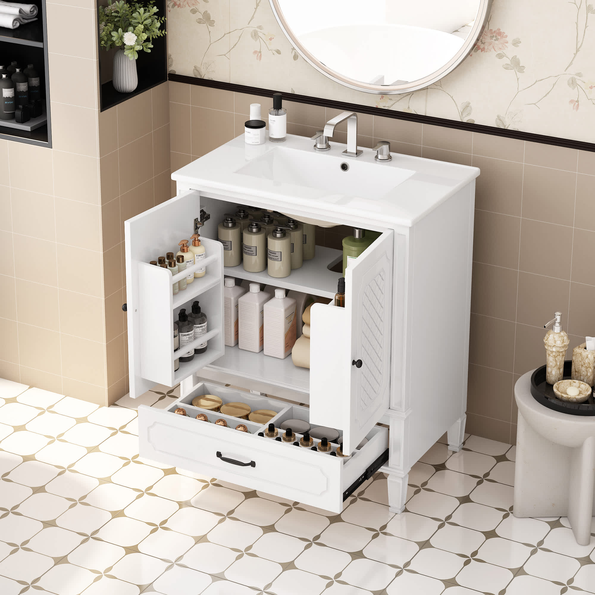 Misty Moon 30 Inch White Bathroom Vanity with Sink Vintage Style Multi ...