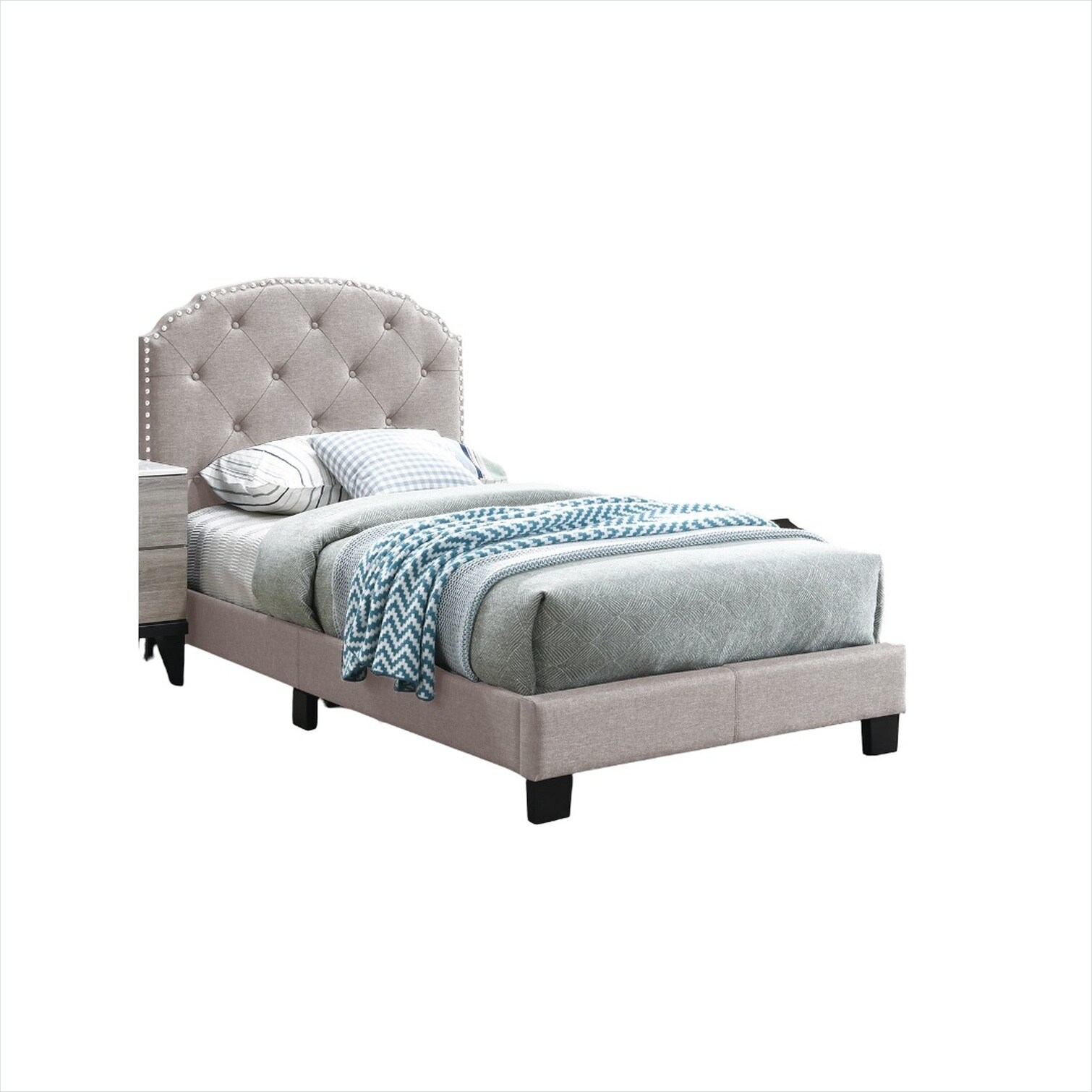 Watnature Burlap Upholstered Twin Bed Frame with Tufted Headboard ...