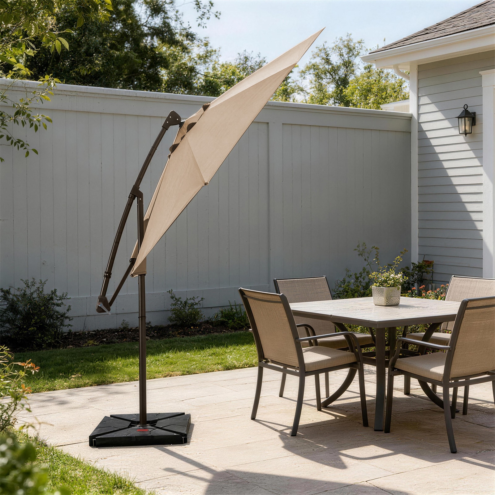 JEAREY 10-ft Beige Round 360 degree rotation Offest Patio Umbrella/Base ...
