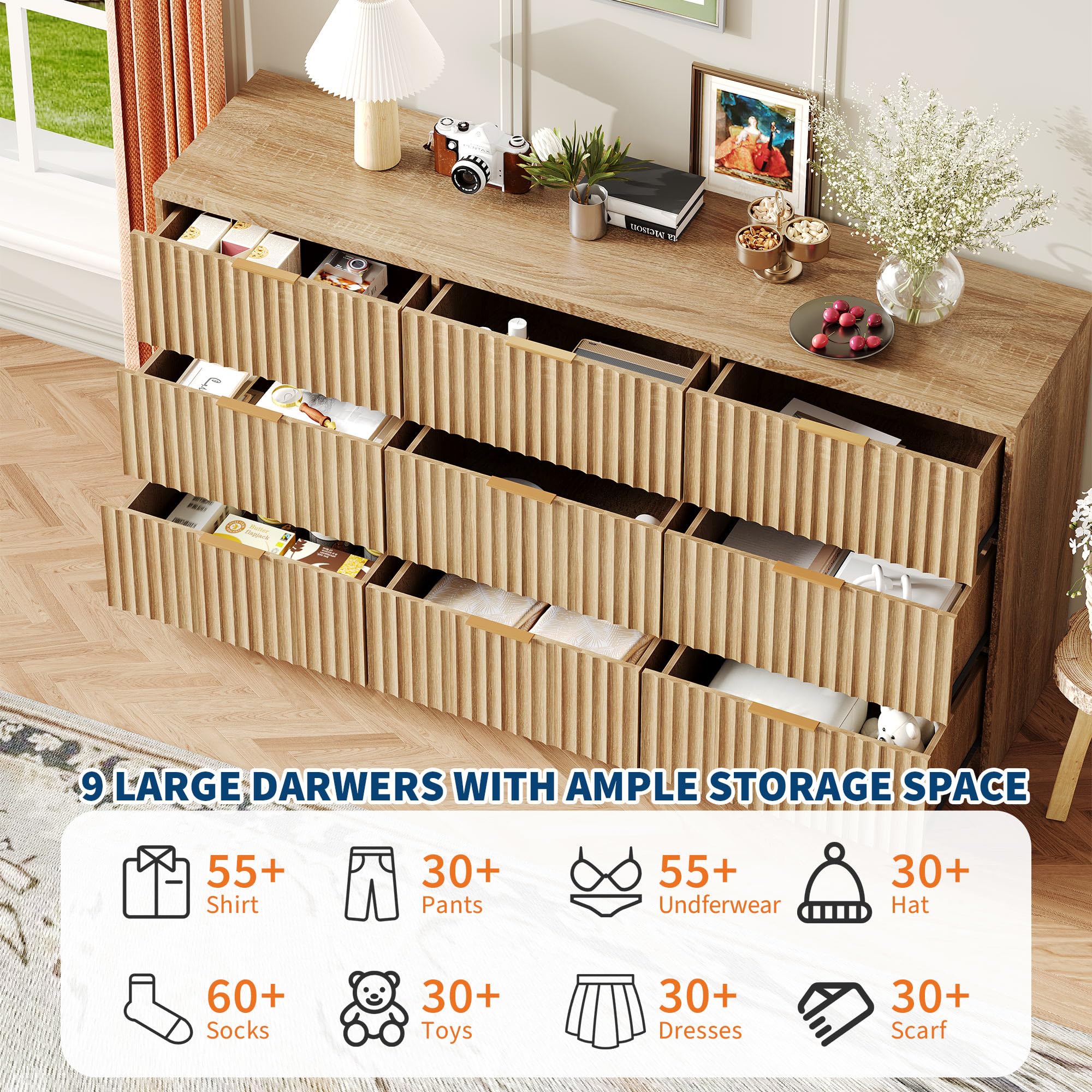 GarveeLife 9 Drawer Fluted Dresser Large Wood Storage Chest Organizer ...