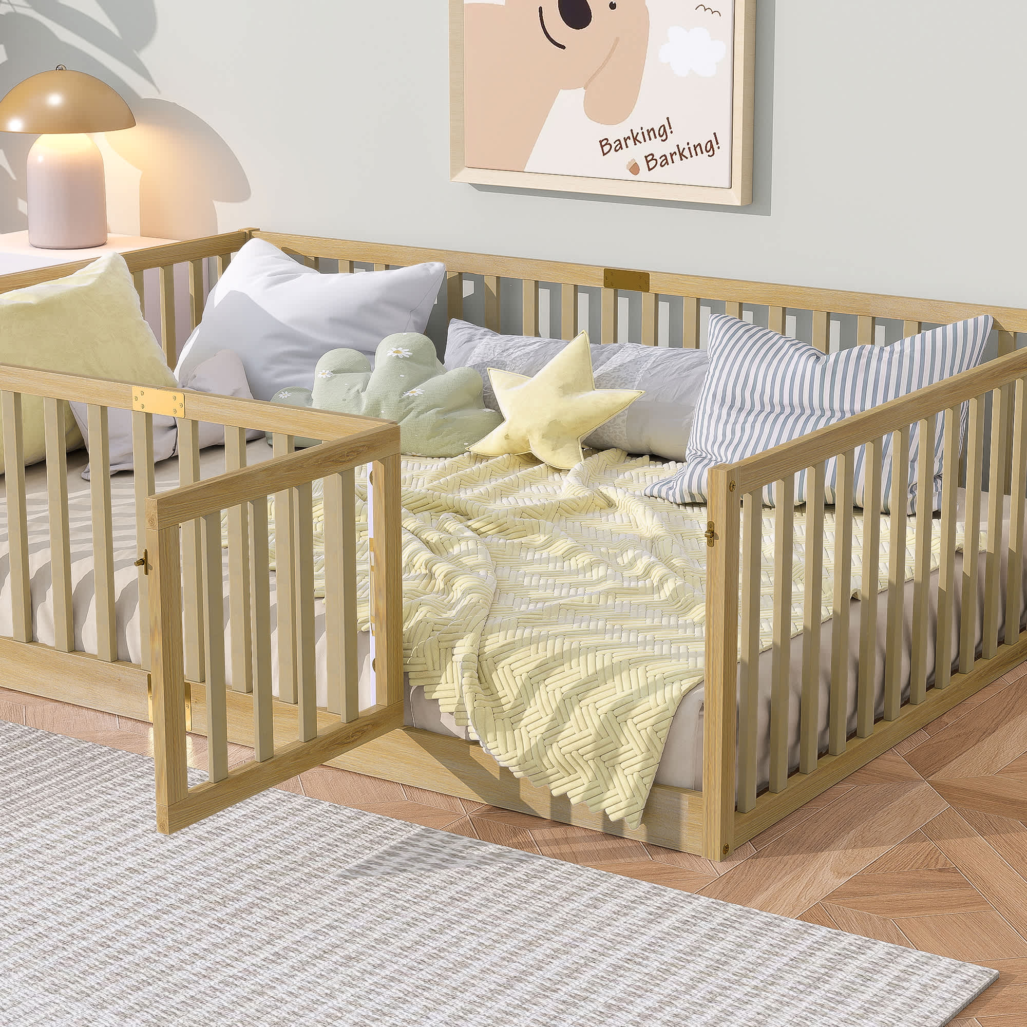Vynxaria Natural Rubber Wood Frame Full Platform Bed with High Fence ...