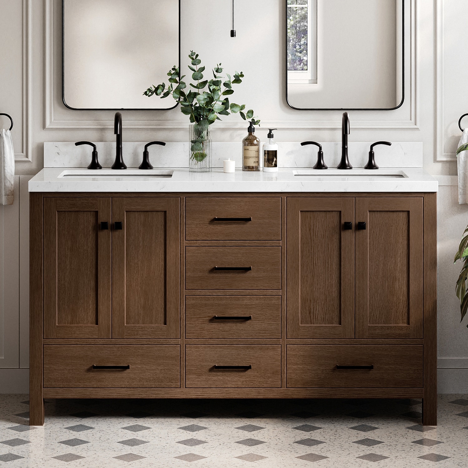 ARIEL Cambridge 60-in Brown Oak Undermount Double Sink Bathroom Vanity with Carrara White Quartz ...
