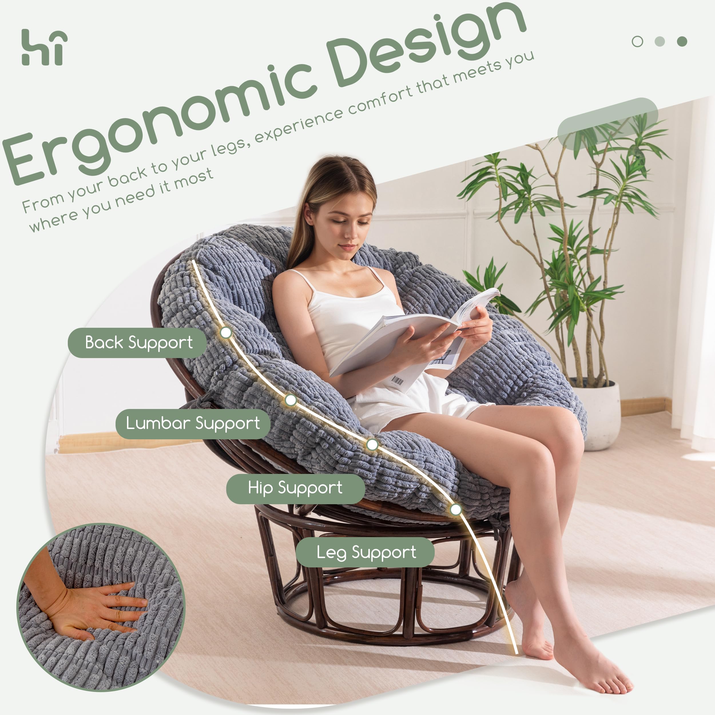 PIGFDK Grey 48 Inch Thick Corduroy Papasan Chair Cushion Button Tufted ...