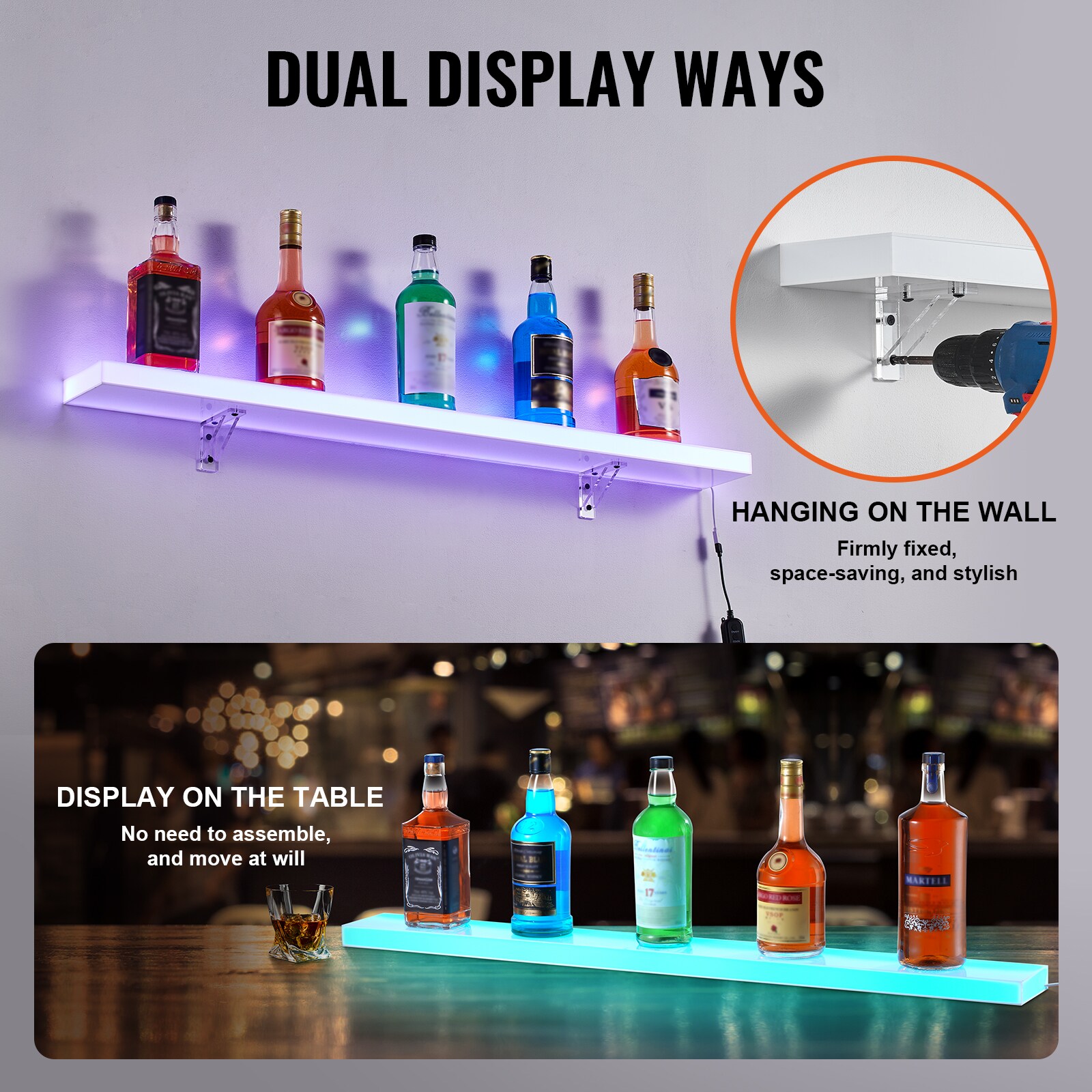 VEVOR LED Lighted Liquor Bottle Display 1 Tier 40 Inch Wall Mounted ...