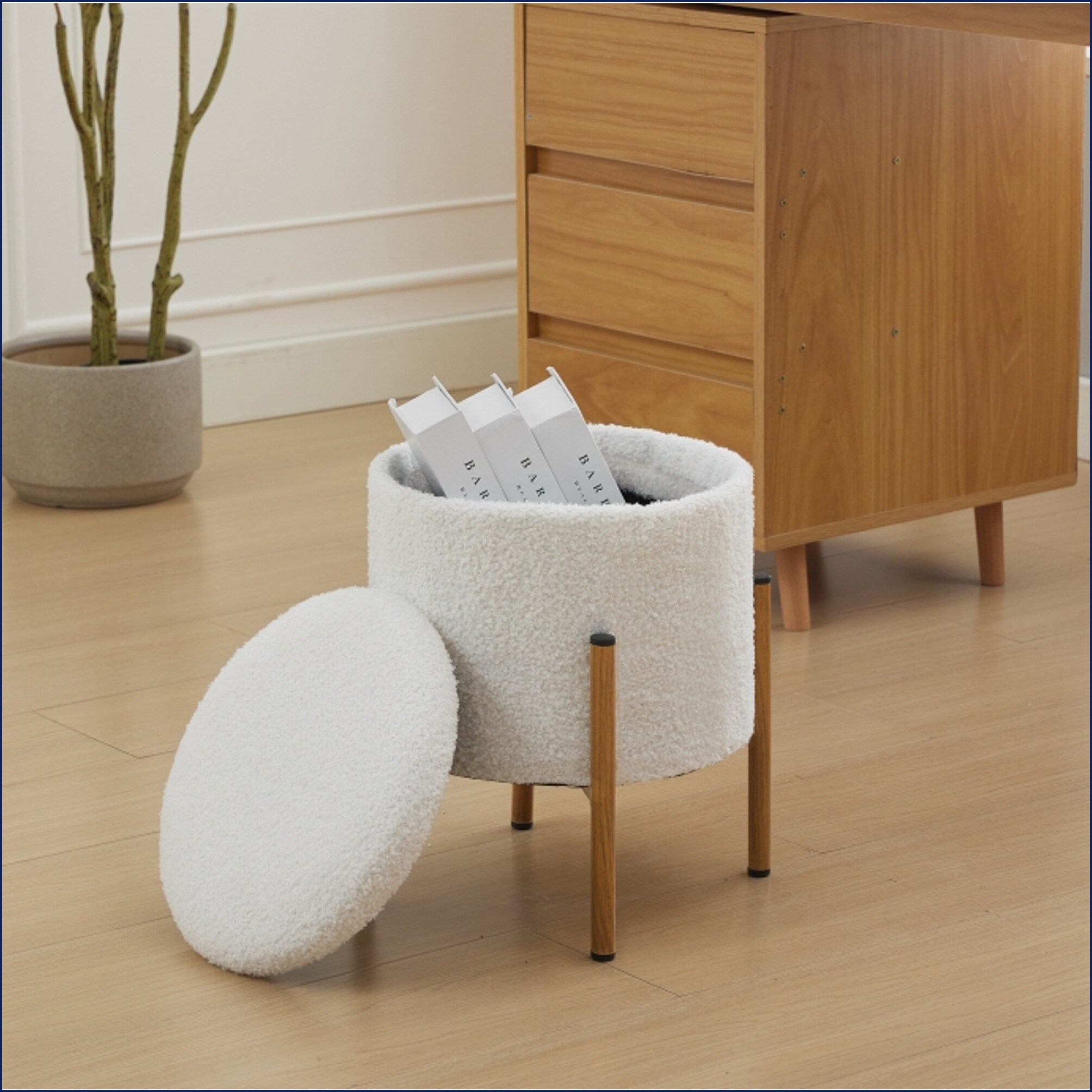 Watnature Ottoman Modern Round Storage Ottoman with Ivory Teddy Fabric ...