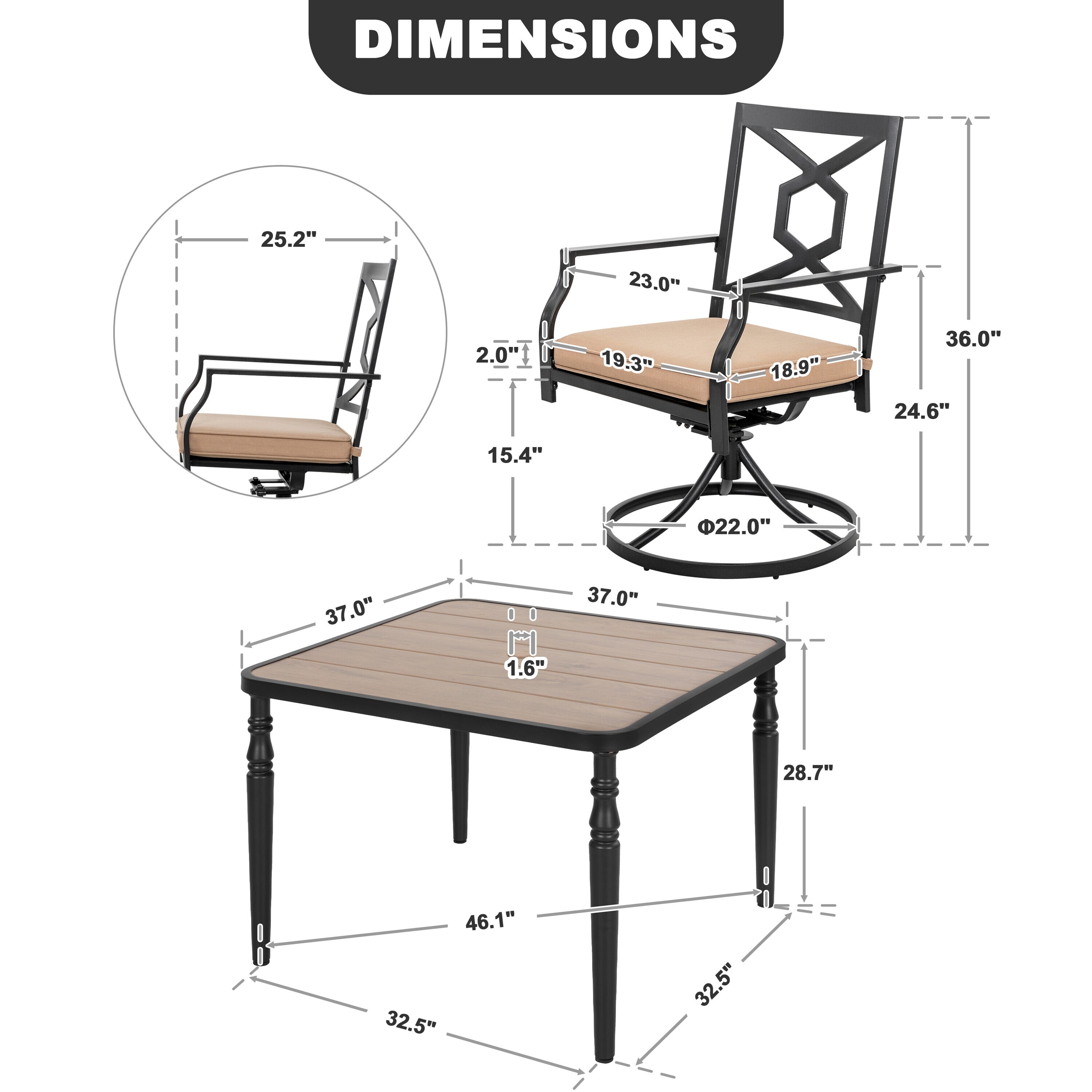 Nuu Garden 5 -Piece Black Patio Dining Set Iron Square Table with 4 ...