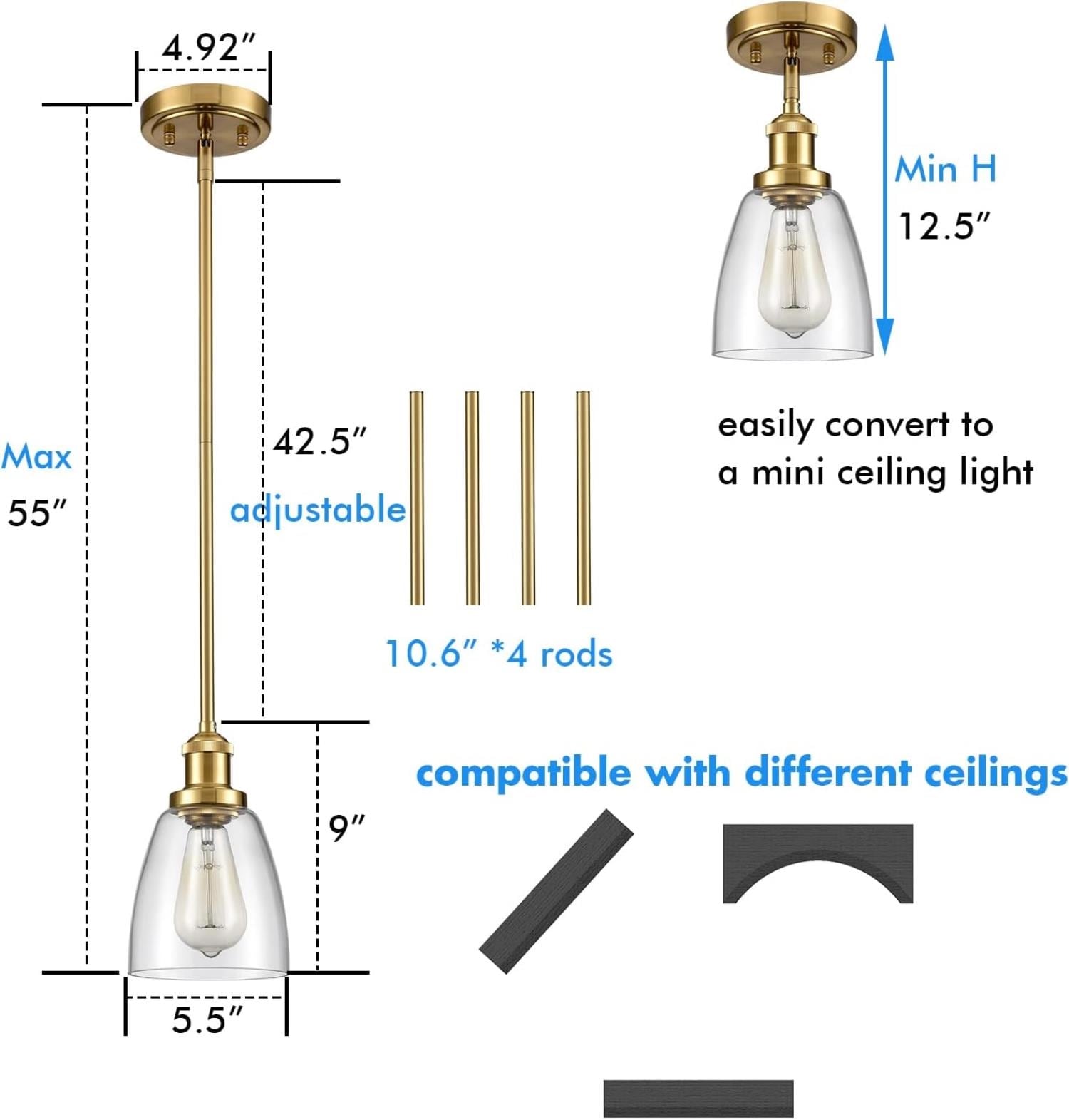Claxy Glass Light Brass Industrial Clear Glass Bell Led Mini Hanging ...