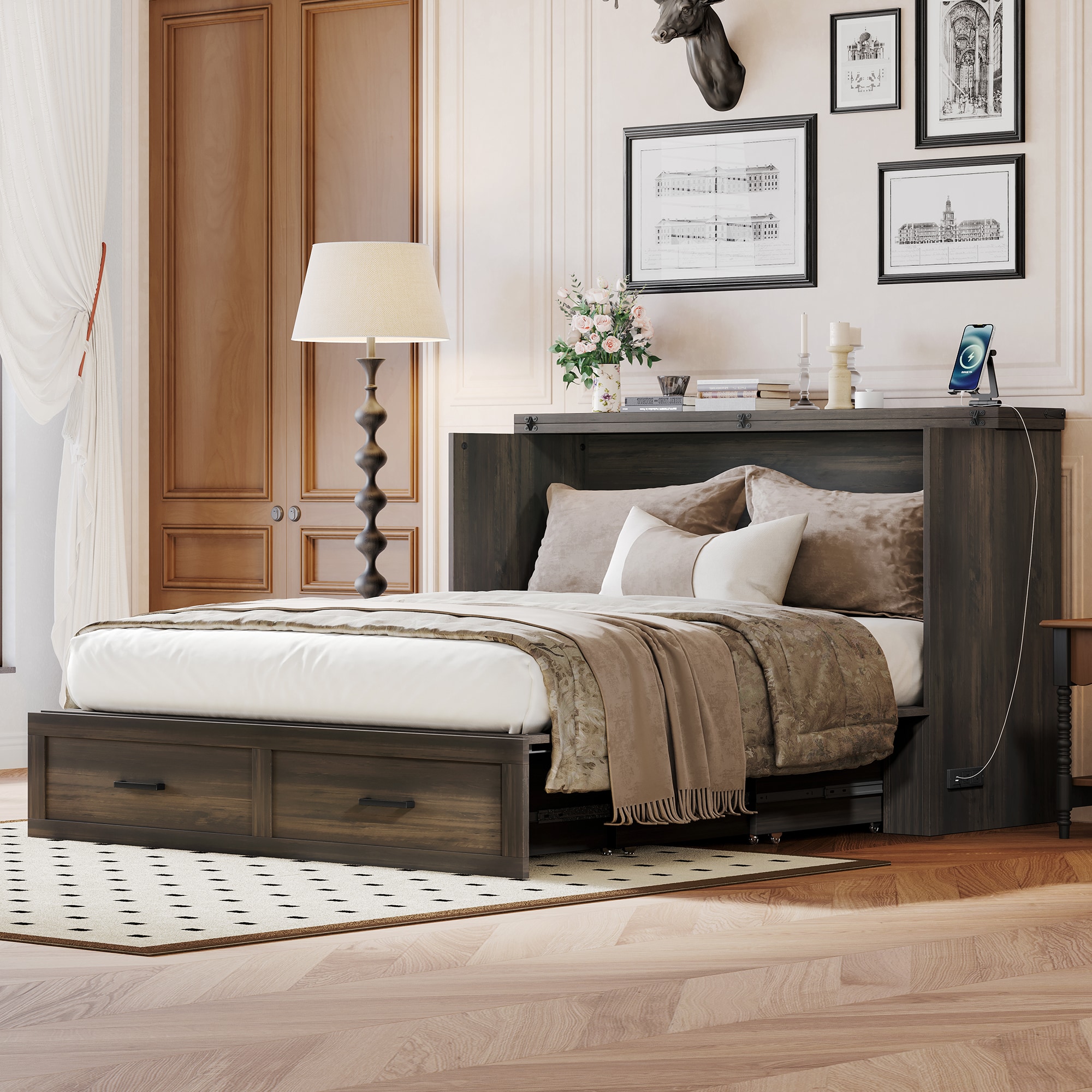 Xspracer Queen Gray Wood Bed Frame Storage with Headboard in the Beds ...