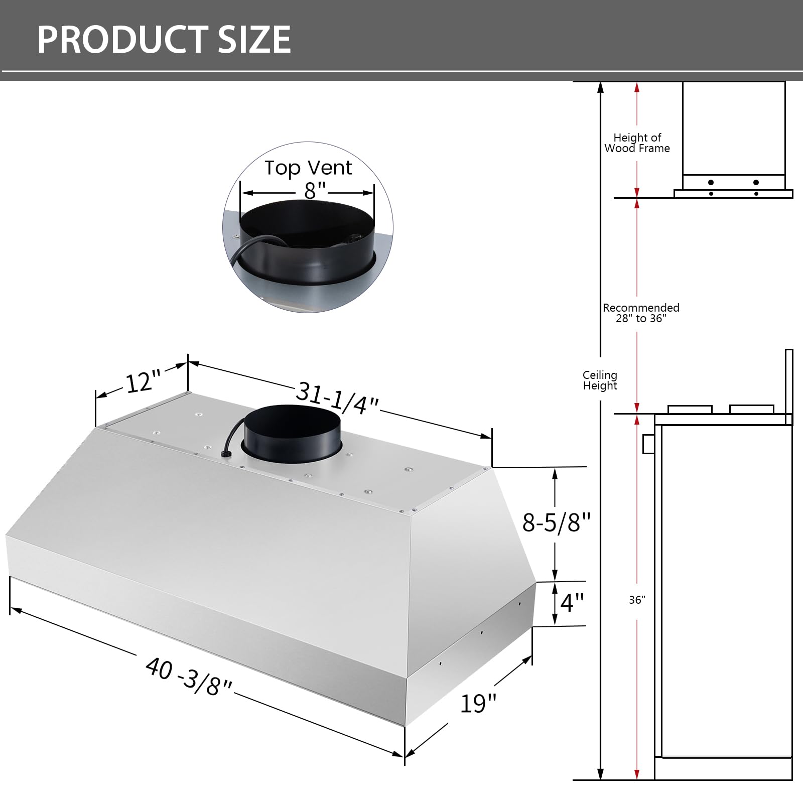 Nauxus 42 inch Ducted 1200-CFM Stainless Steel Range Hood Insert in the ...