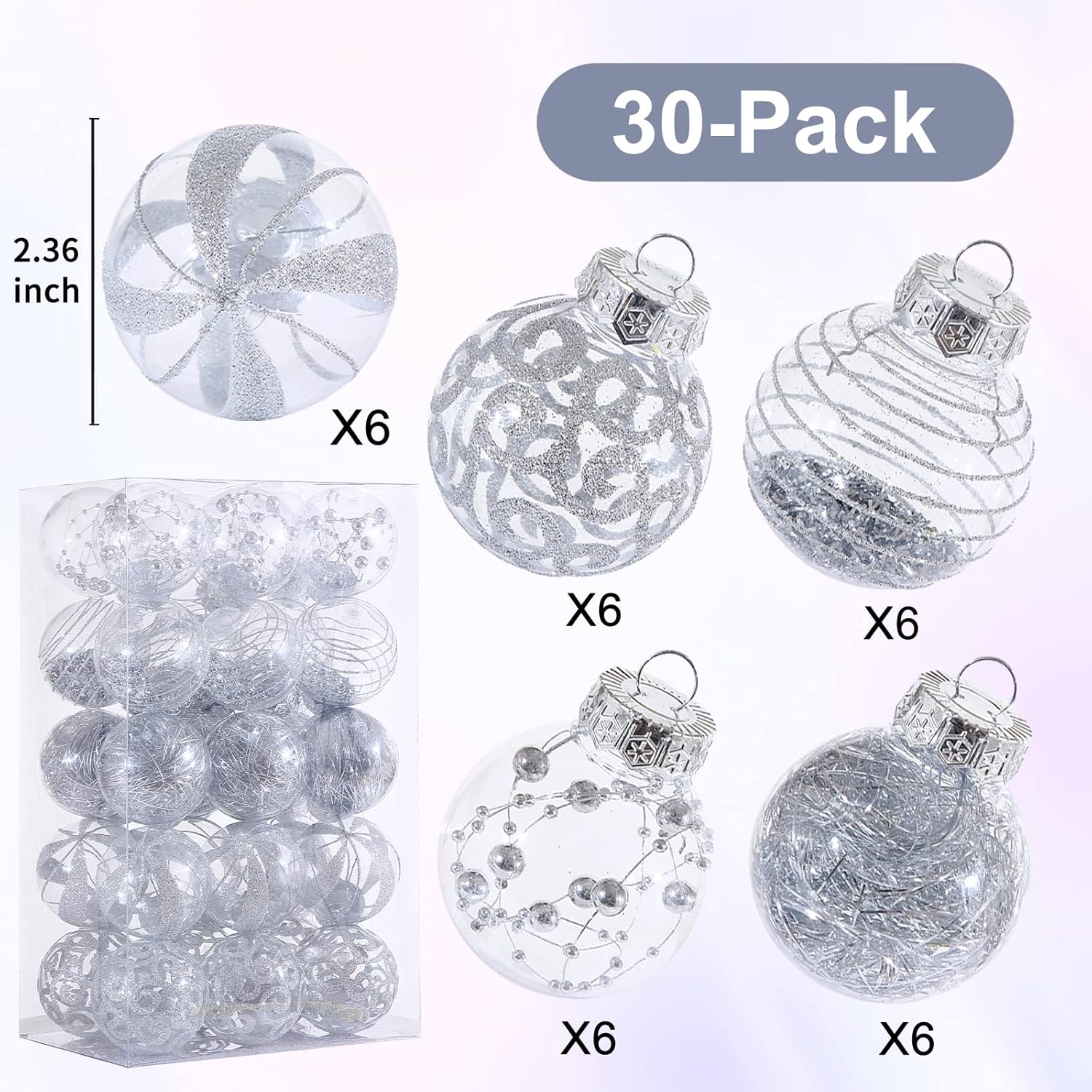 Etokfoks 30 Pack 60mm Clear Silver Shatterproof Christmas Ornaments Set ...