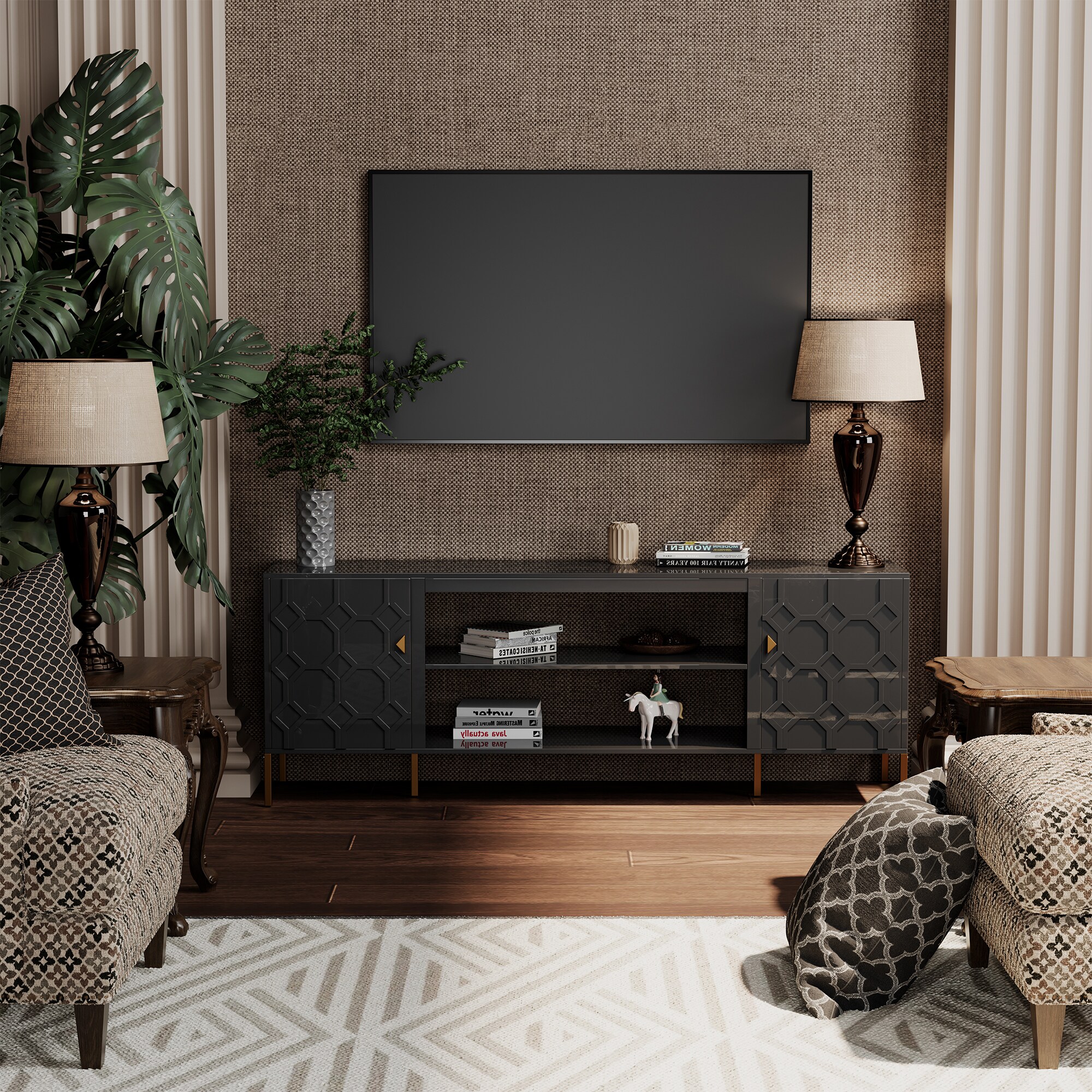 Clihome Modern/Contemporary Black Tv Stand (Accommodates TVs more than ...