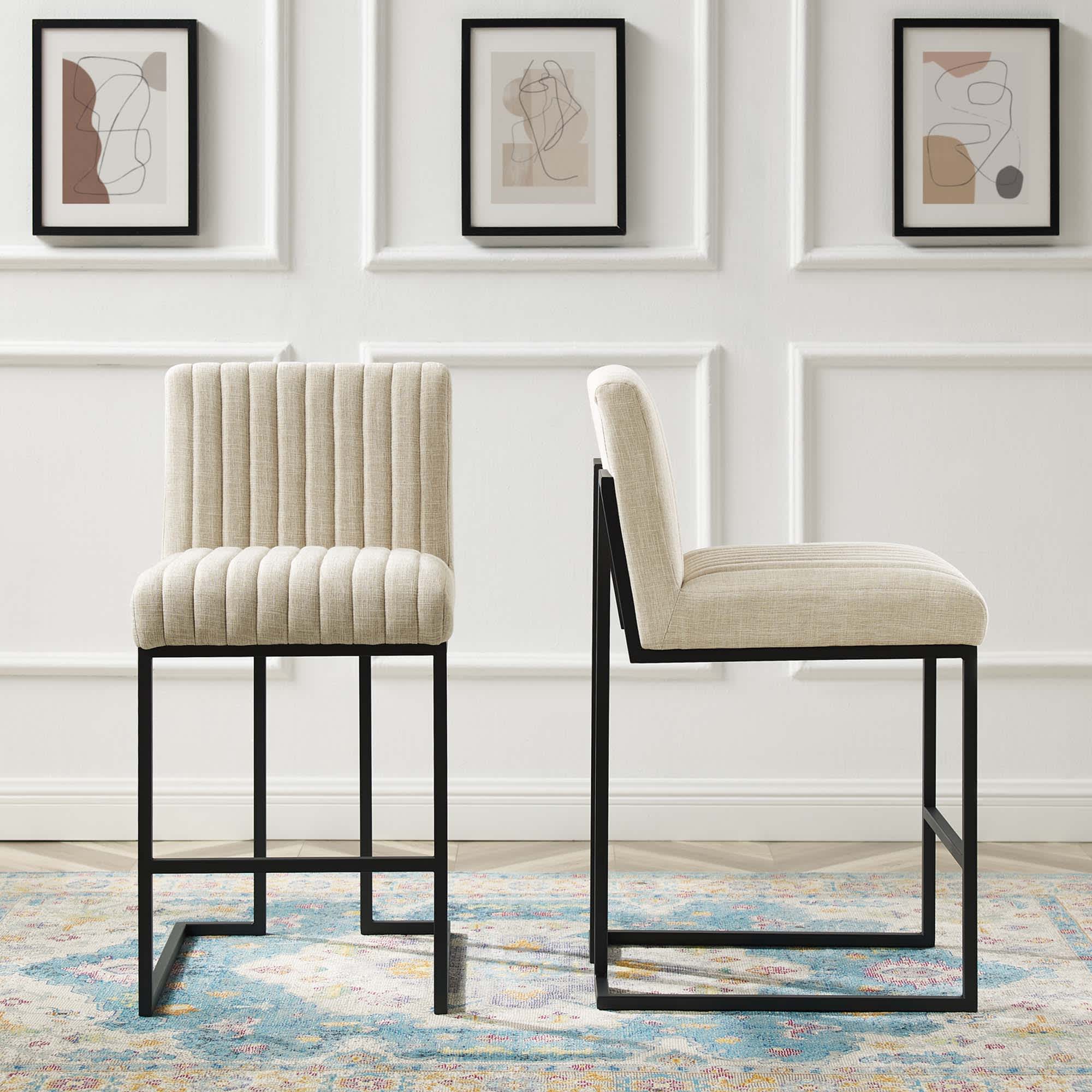 Modway Indulge Channel Tufted Fabric Counter Stools Set of 2 in Beige ...