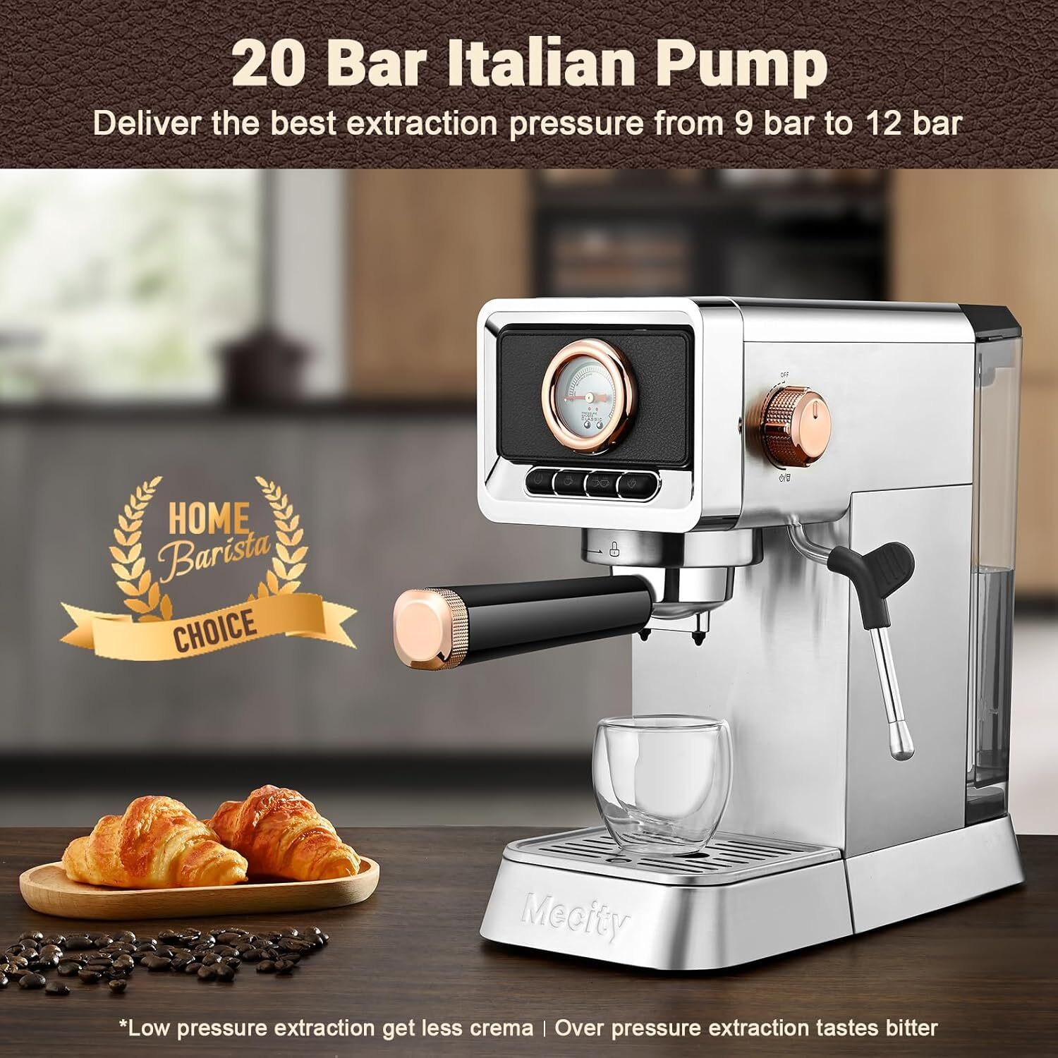Mecity 20 Bar Espresso Machine Milk Frother 37oz Tank 1400W Stainless ...