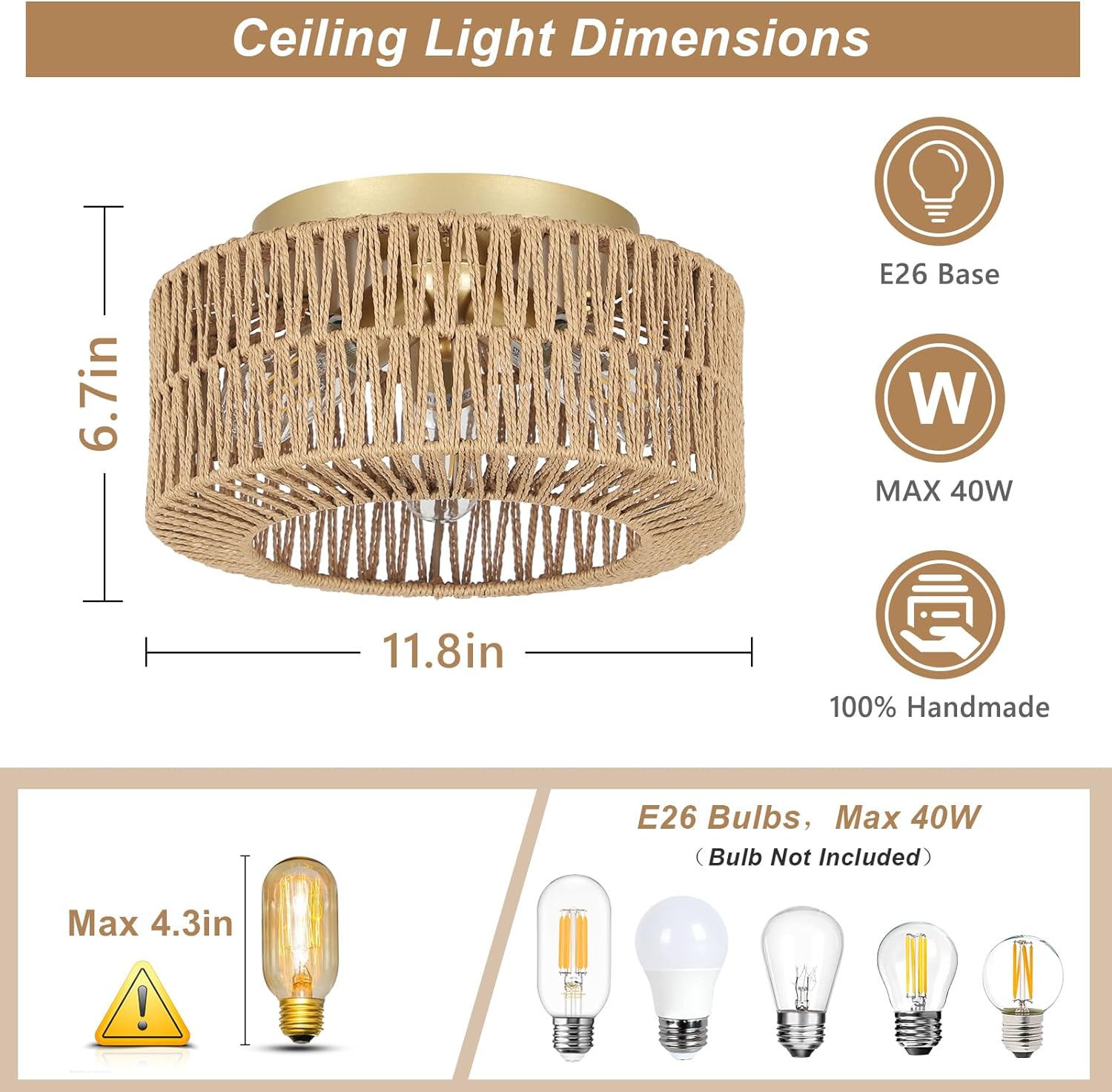 LUXEYARD 3-Light Farmhouse Rattan Ceiling Light Fixture for Living ...