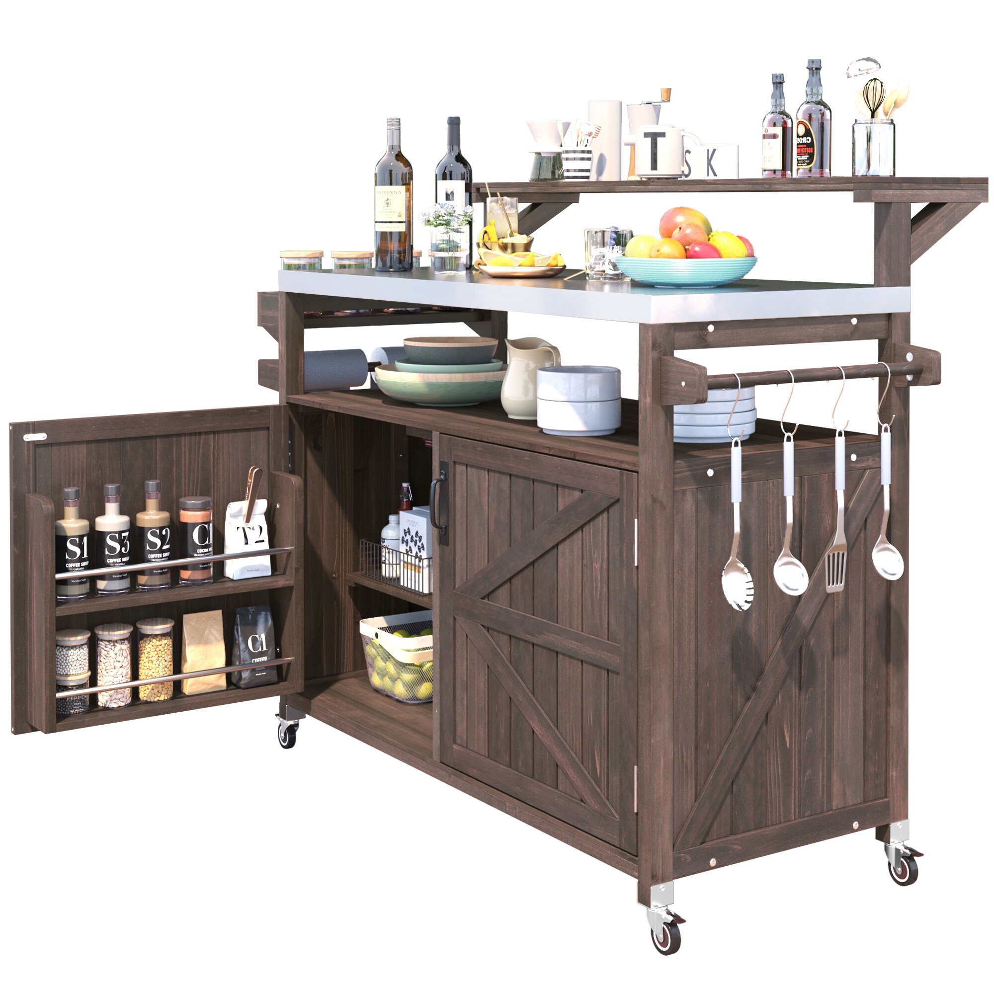 Bybafun Stainless Steel Top Brown Douglas fir Outdoor Serving Cart in ...