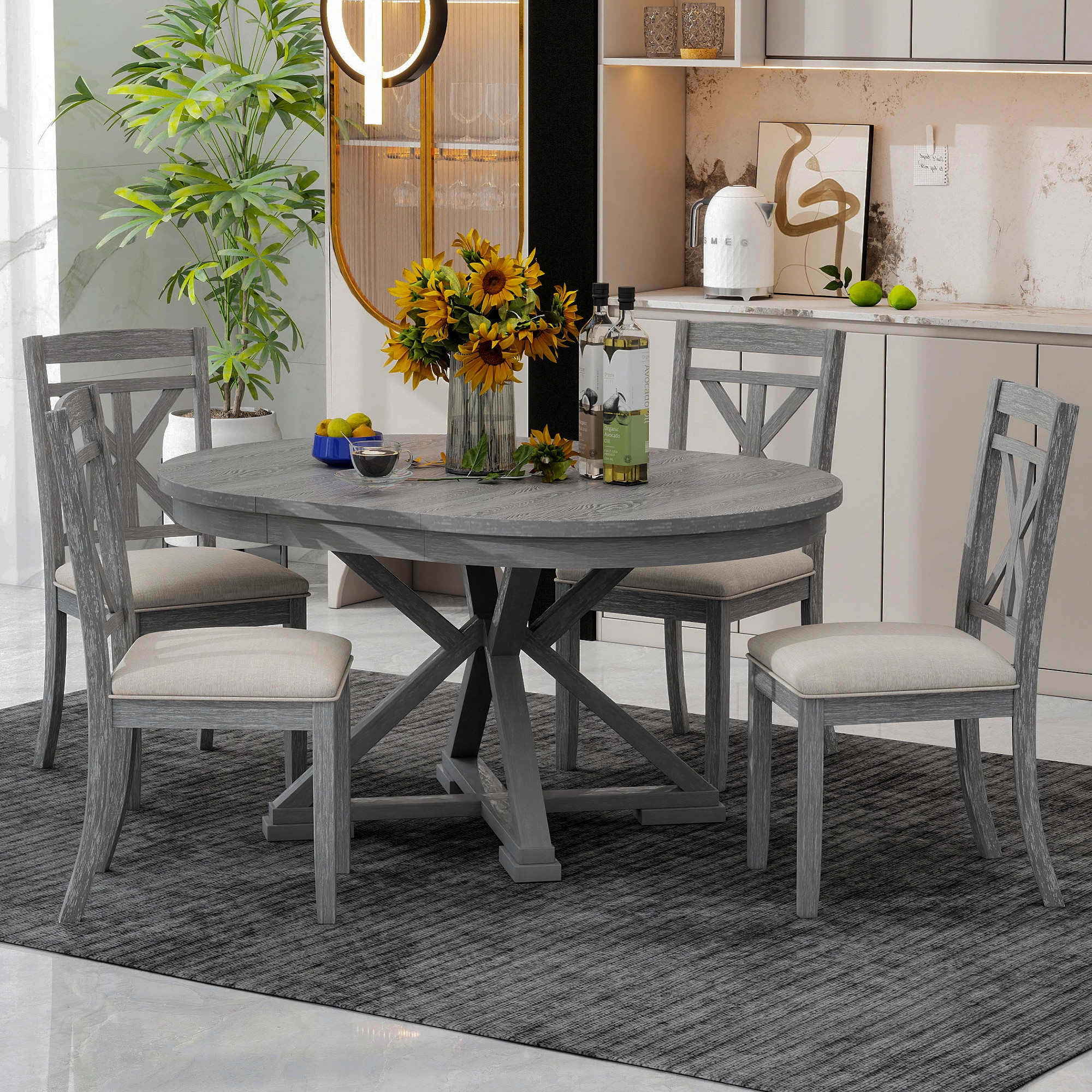 GDFStudio Retro 5 Piece Extendable Round Dining Table Set with 4 Upholstered Chairs for Dining ...