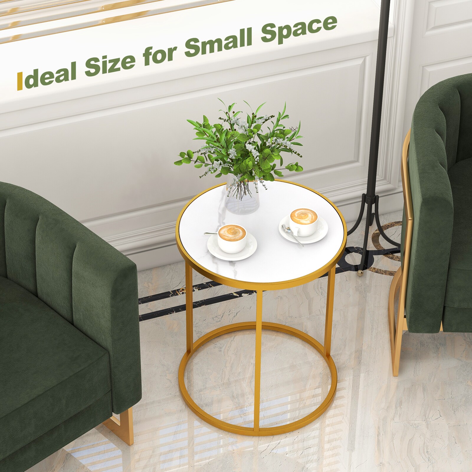 Volenca Set of 2 Round Synthetic Marble Side Tables with Golden Metal ...