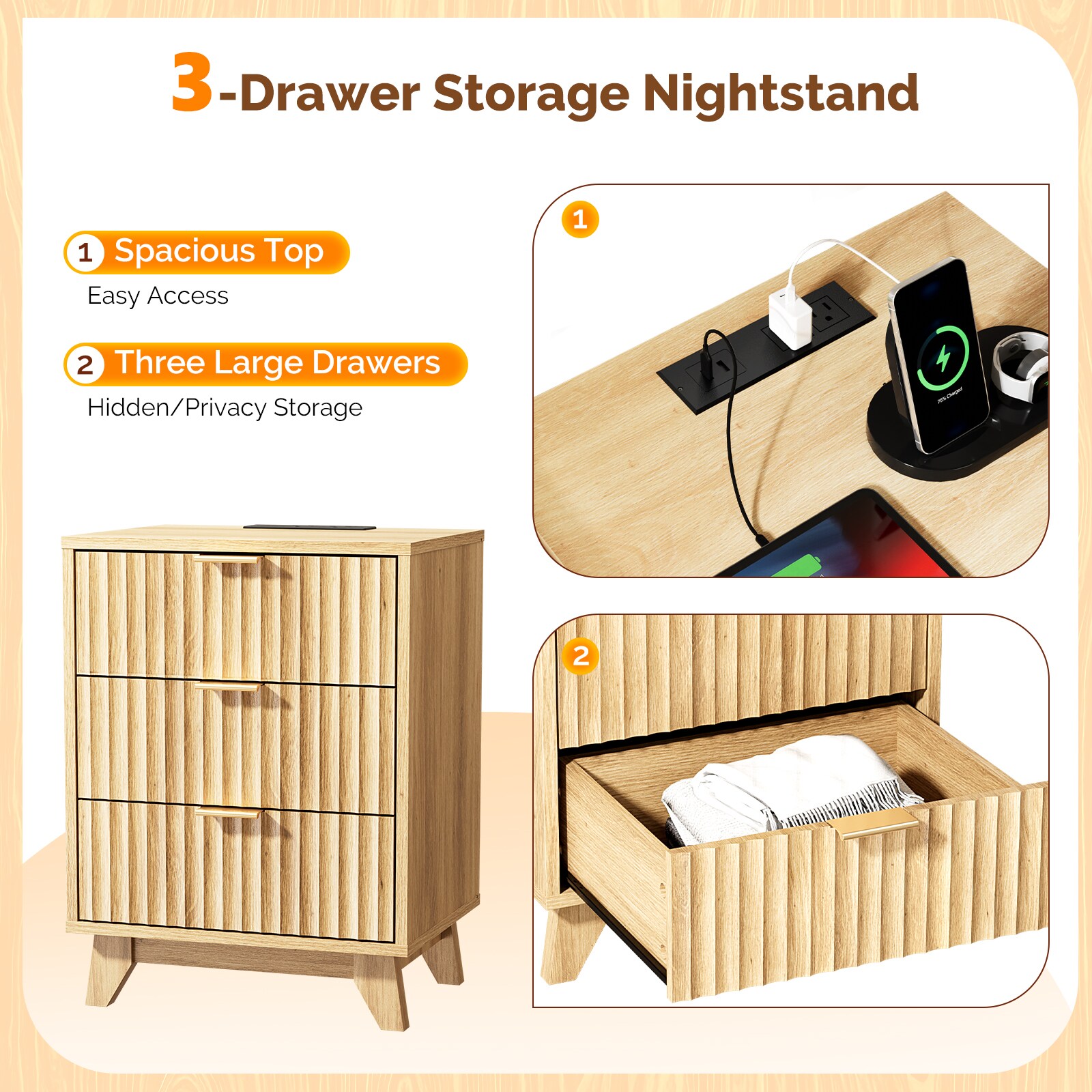 VINGLI 3-Drawer Fluted Nightstand with Charging Station/Modern Night ...