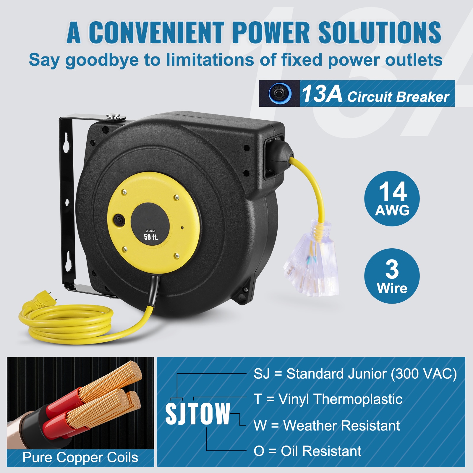 VEVOR Retractable Extension Cord Reel, 50 FT, Heavy Duty 14AWG/3C SJTOW ...
