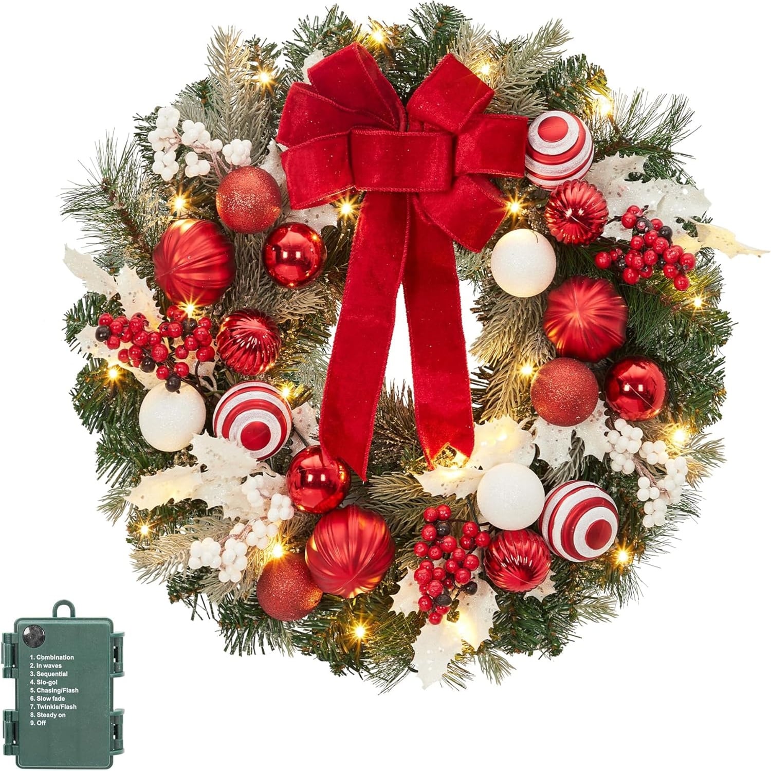 Garvee 24 inch Pre-Lit Christmas Wreath with Lights for Indoor/Outdoor ...