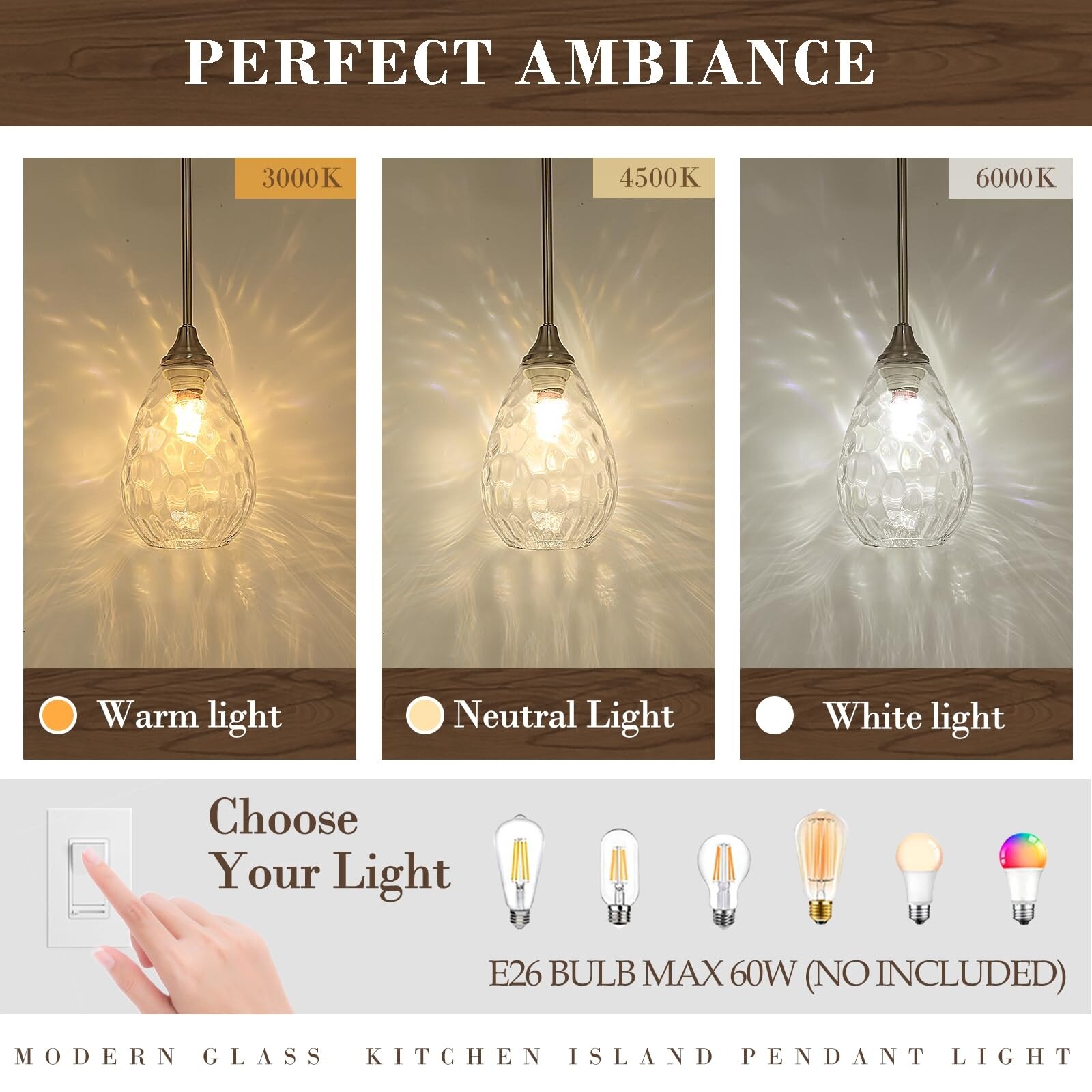 Lukvuzo 2 Pack Brushed Nickel Pendant Lights with Hammered Glass Shade ...