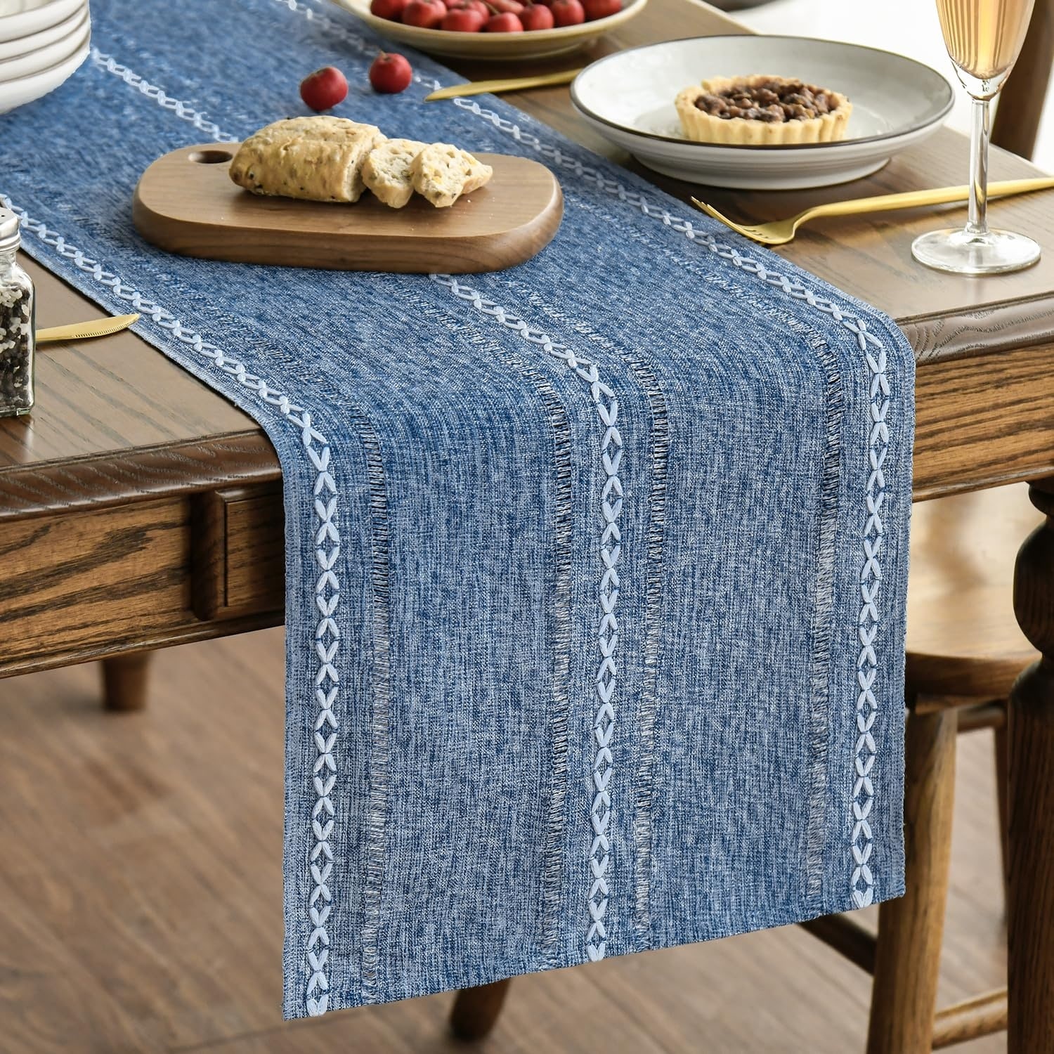 Anqtovp Blue Rustic Cotton Linen Table Runner 13 x 72 Inch Embroidered ...