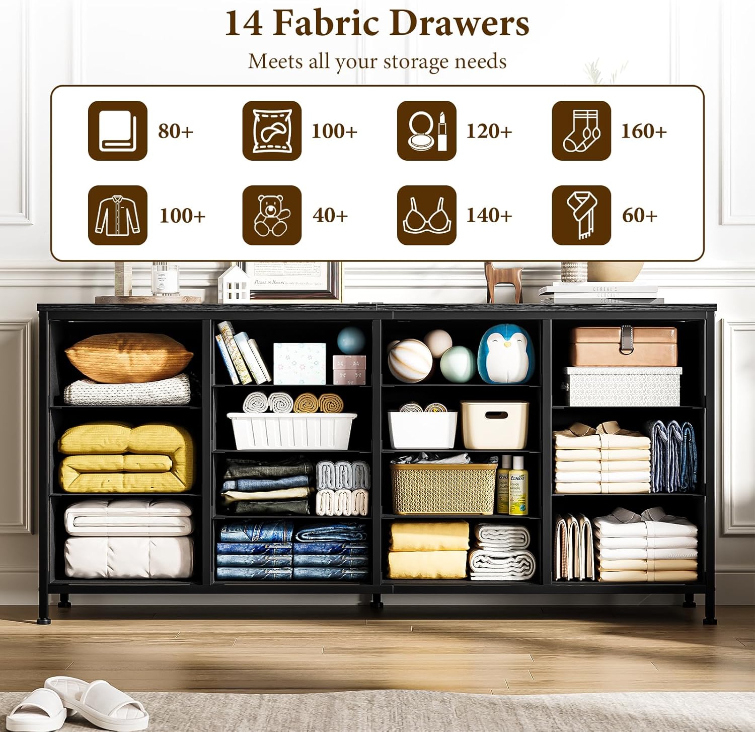 Der Rose 14 Drawer Dresser 63 Fabric TV Stand with Power Outlet Long ...