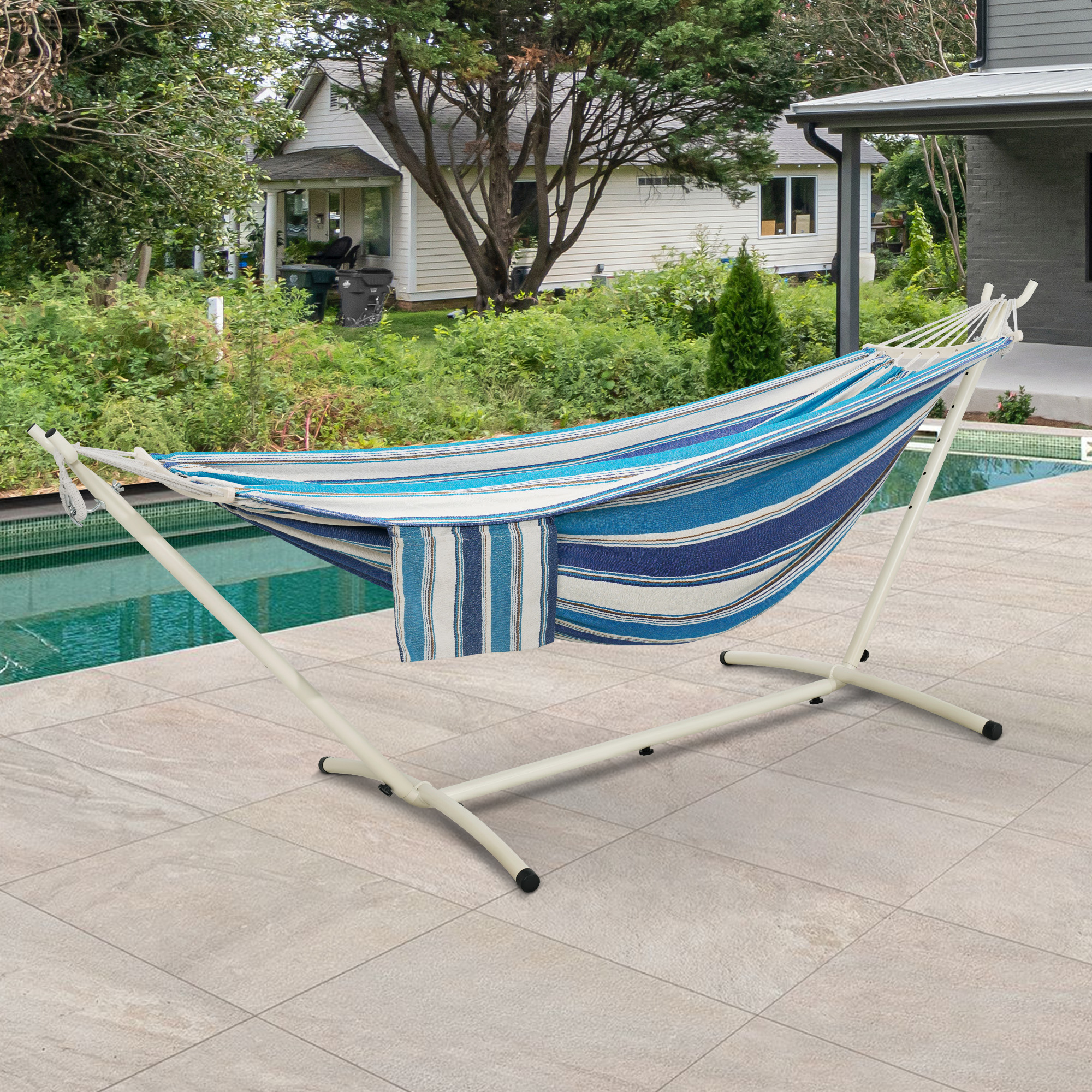 AURA OUTDOOR Hammock with Steel Stand Blue Stripes Fabric Hammock with ...