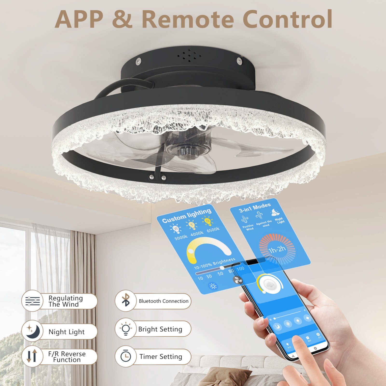 GlasFlength 16-Inch LED Ceiling Fan Crystal Inspired Ring Flush Mount ...