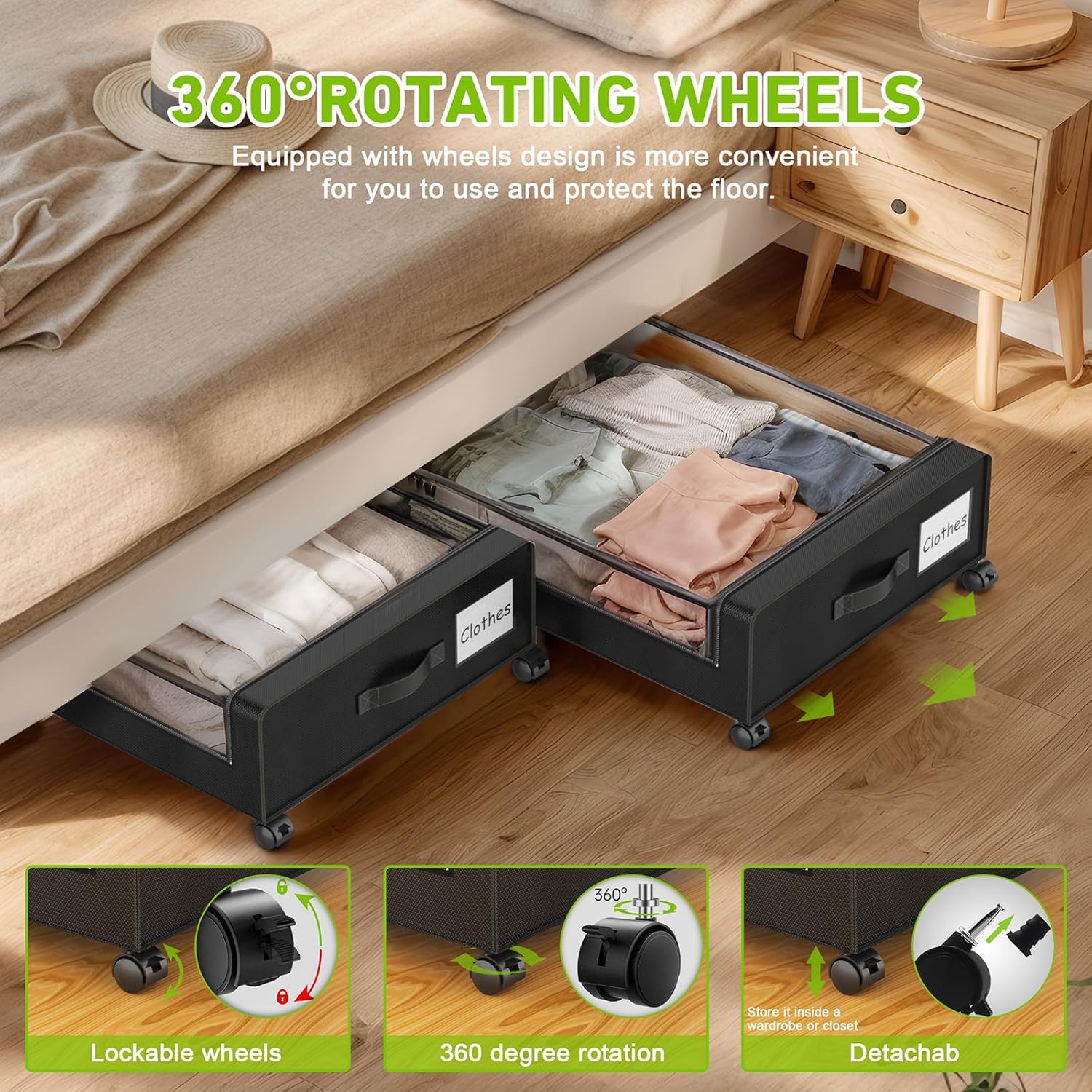 Etokfoks 2 Pack XXL 60L Under Bed Storage Containers with Wheels Clear ...