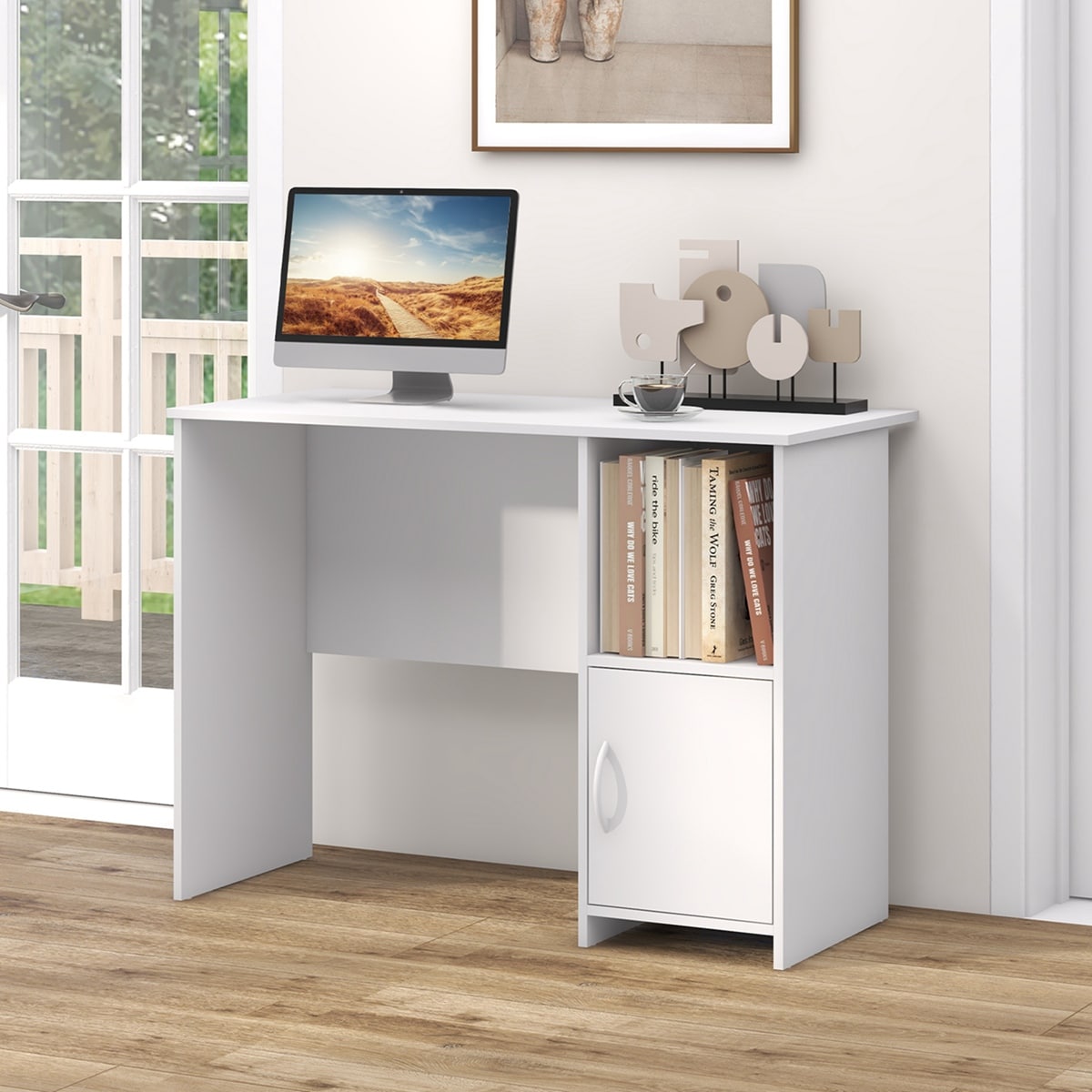 Costway Modern Computer Desk with Cabinet Cable Holes and Open Shelf ...