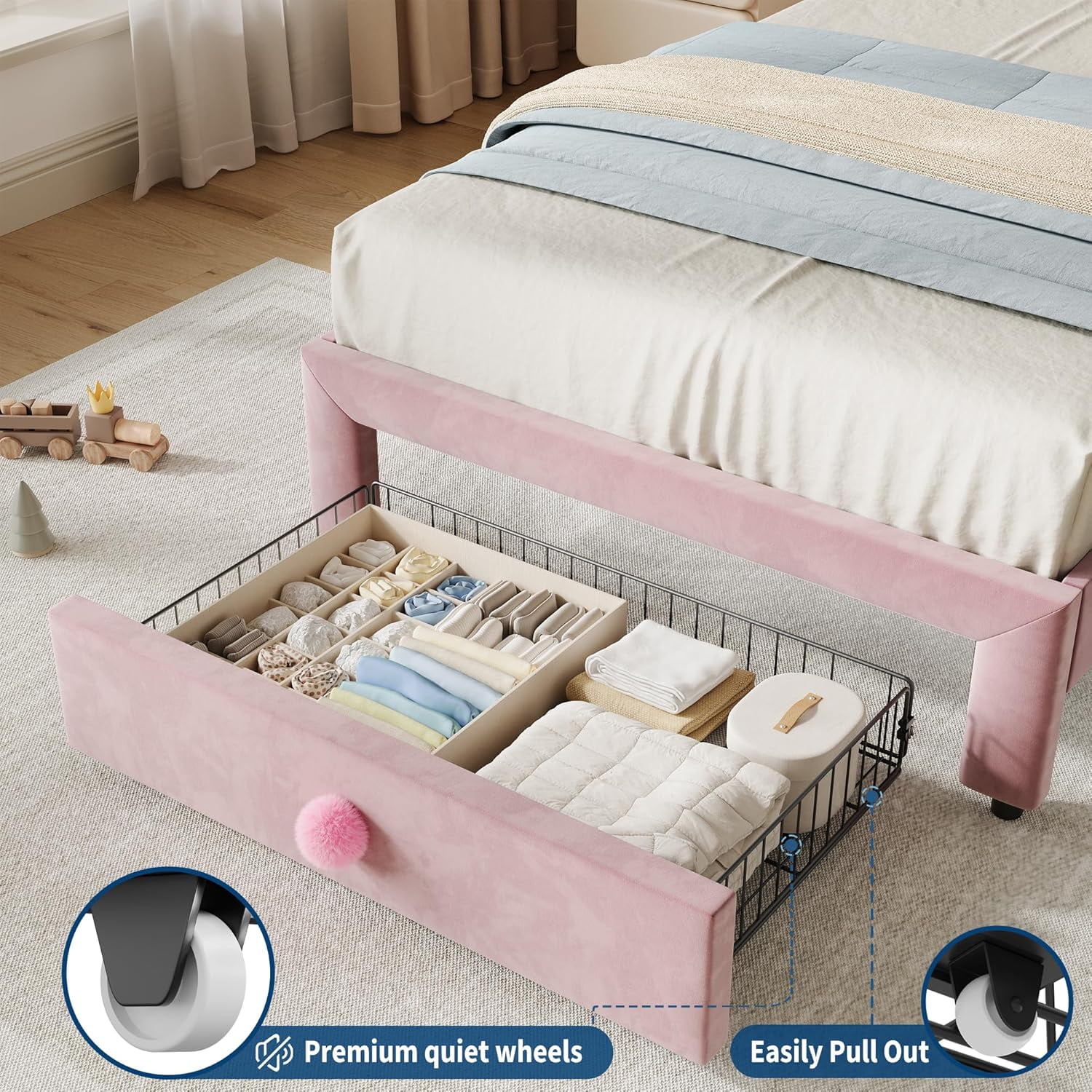 GAOMON Twin Upholstered Bed Frame 2 Storage Drawers Velvet Princess ...