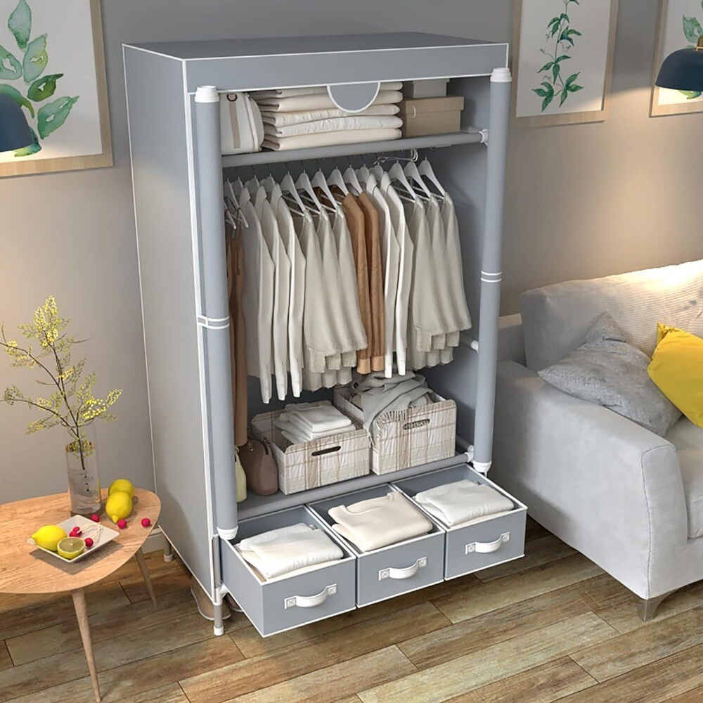 ROSMENA Portable Clothes Closet Rolling Door Wardrobe with Hanging Rack ...