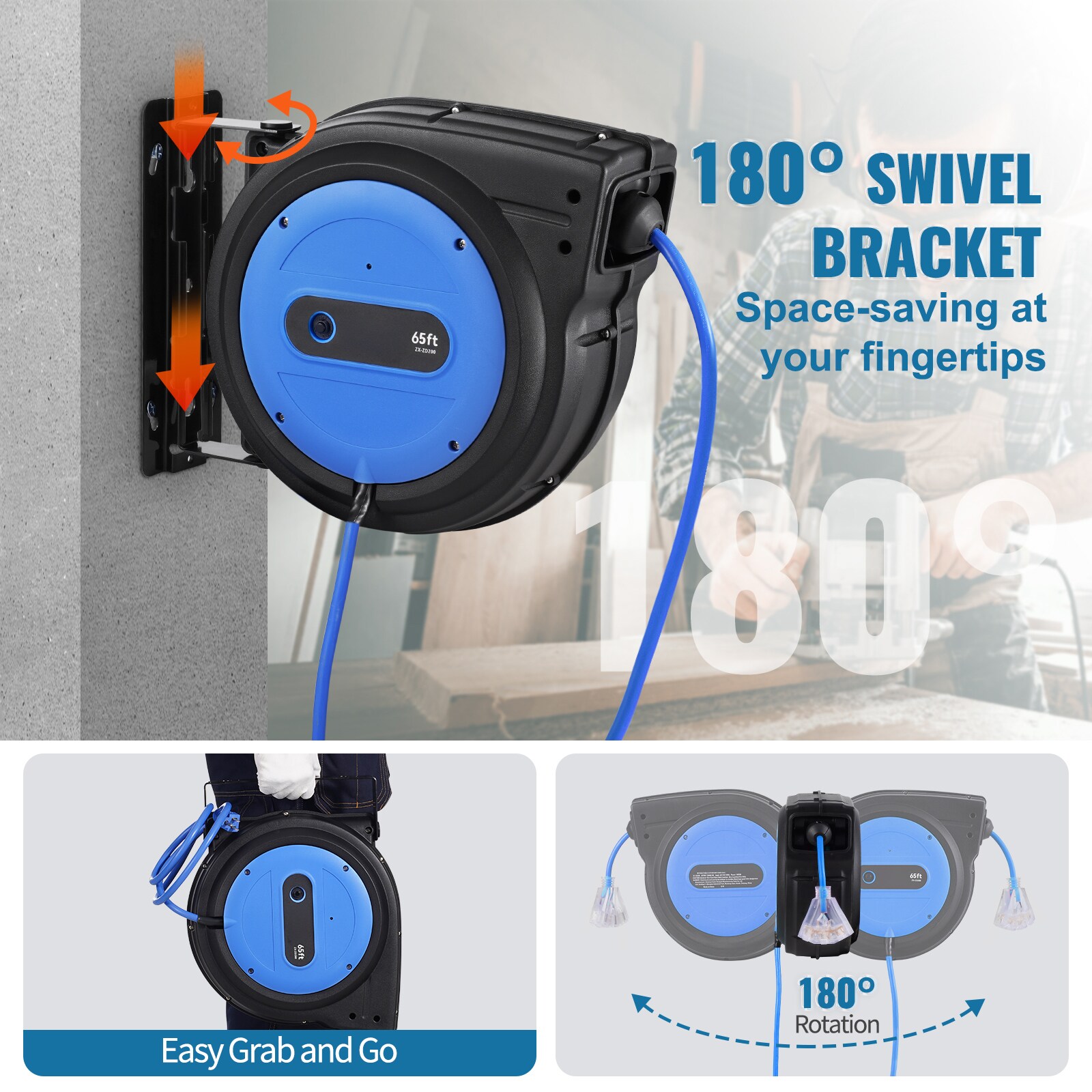 VEVOR Retractable Extension Cord Reel, 65 FT, Heavy Duty 12AWG/3C SJTOW ...