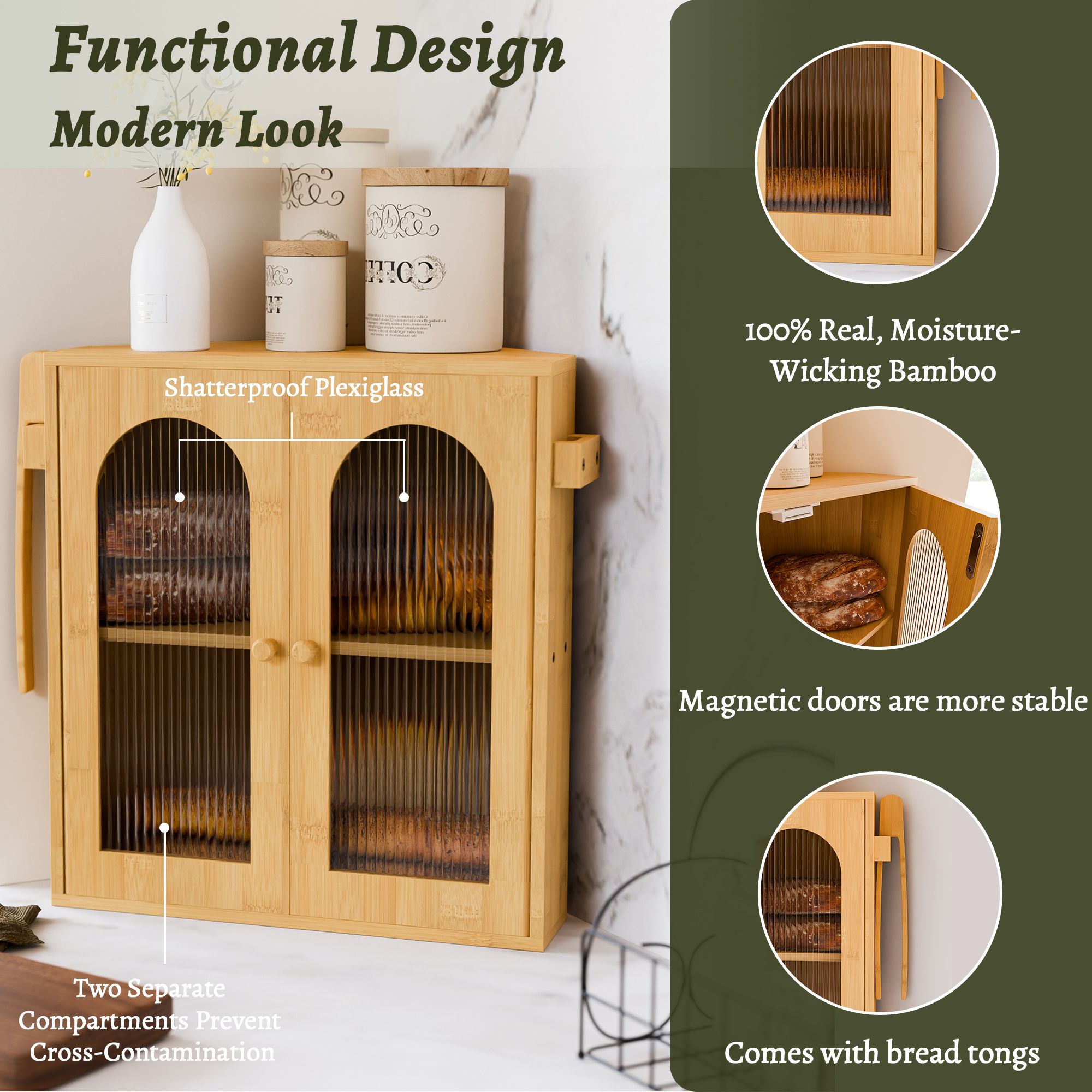 HAUSOURCE Large Vertical Striped Arch Door Bread Box Wood Color ...