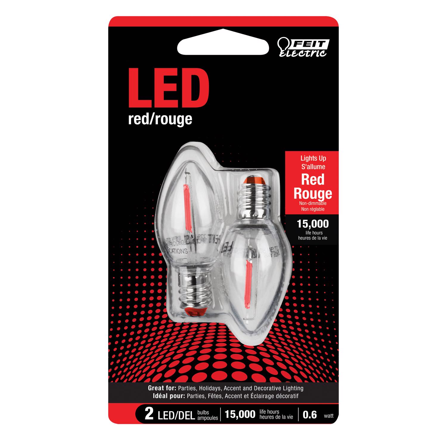 Feit Electric C7 E12 Candelabra LED Bulb Red 0.5 Watt Equivalence 2 pk ...