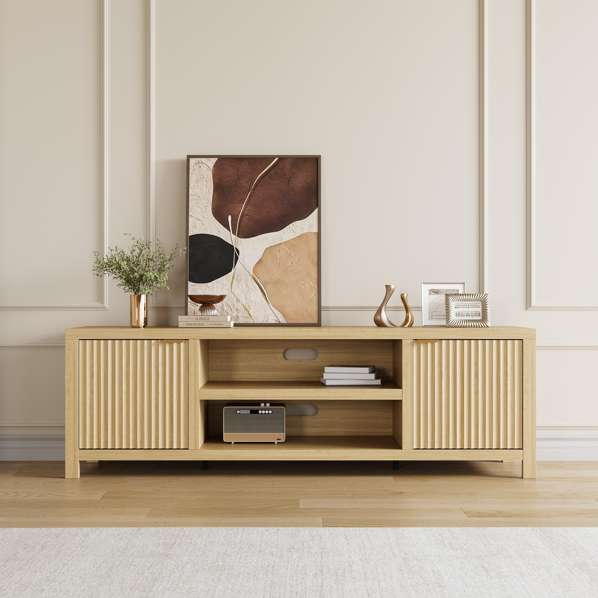 GarveeLife 70-in Fluted TV Stand for 80 Inch TV Modern Wooden Media ...