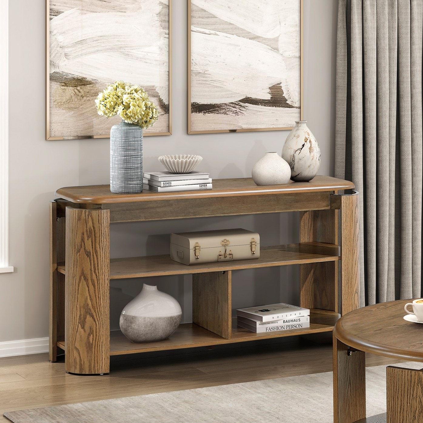 LOVMOR 52 Inch Modern Wood Round Brown Console Table for Entryway ...